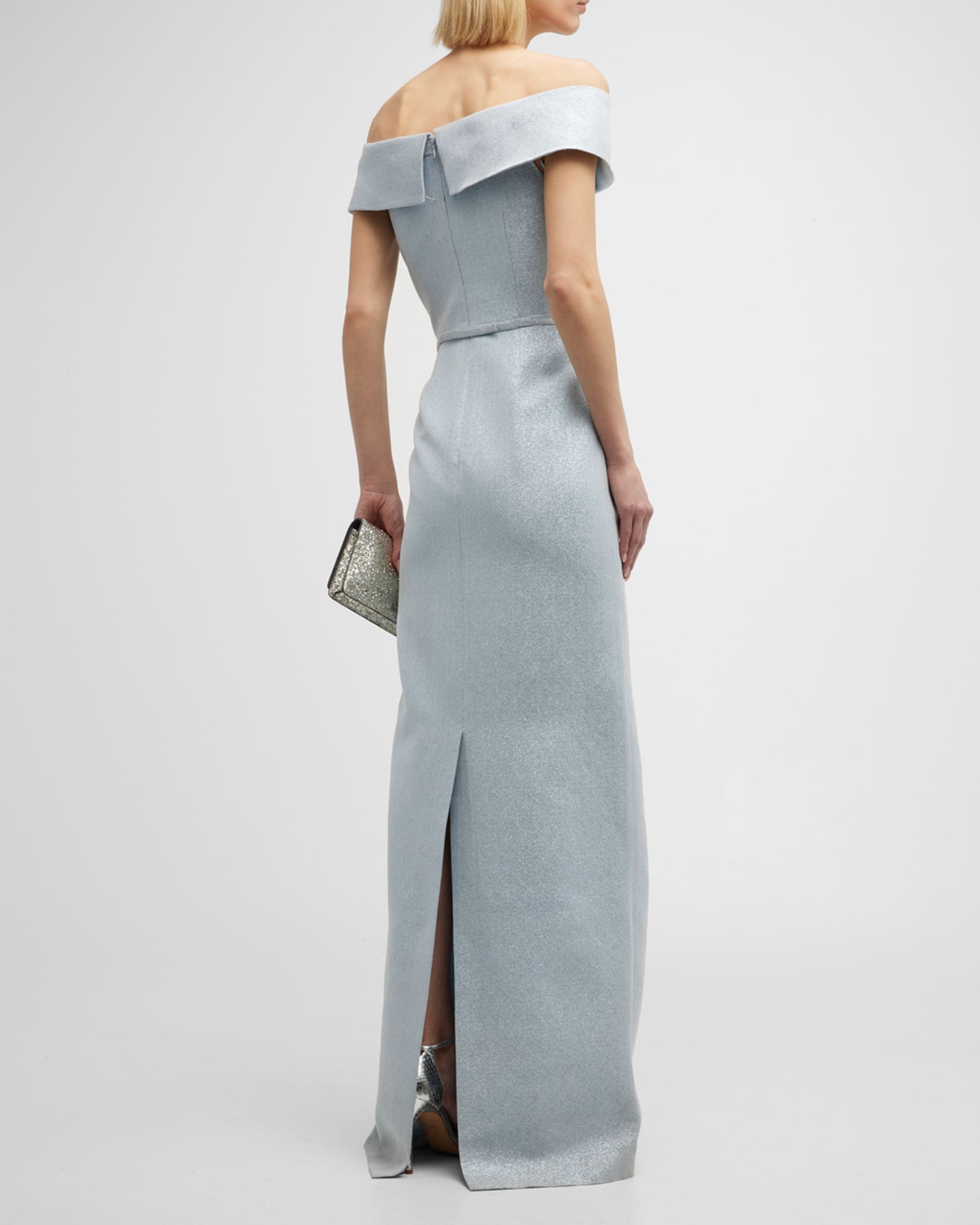 Rickie Freeman for Teri Jon Off-Shoulder Metallic Column Gown | Neiman ...