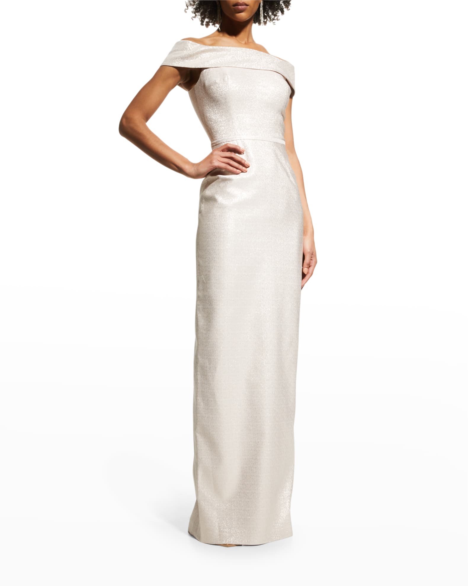 Rickie Freeman for Teri Jon Off-Shoulder Metallic Column Gown | Neiman ...