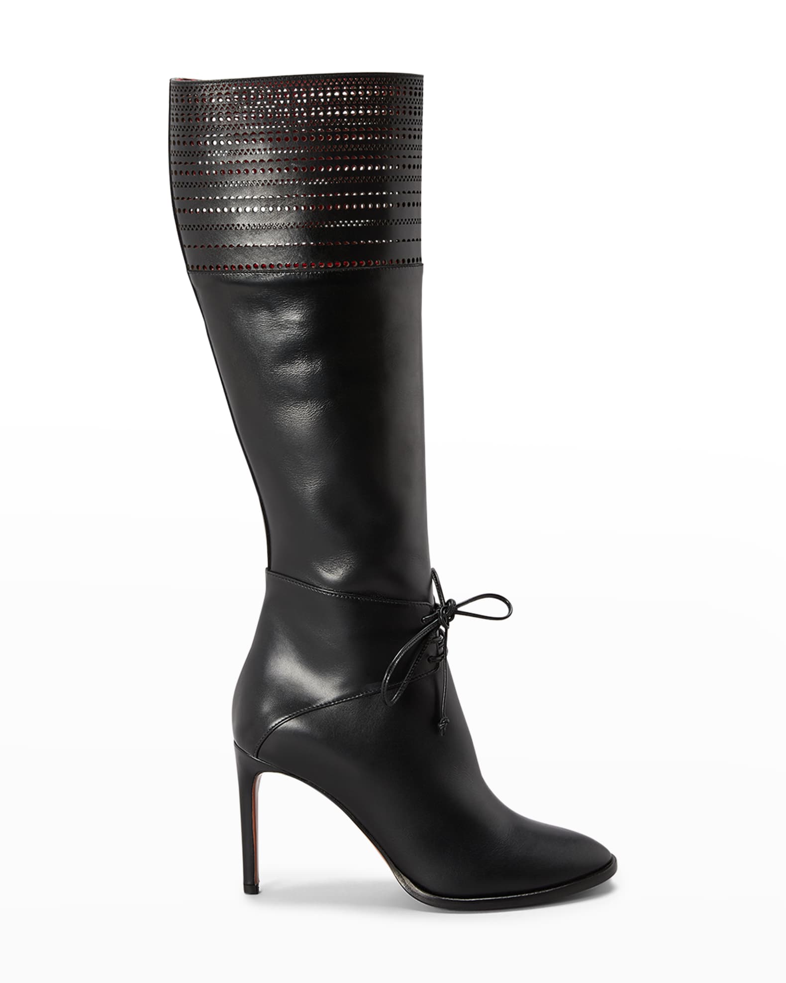 ALAIA 100mm Perforated Lace-Up Knee Boots | Neiman Marcus