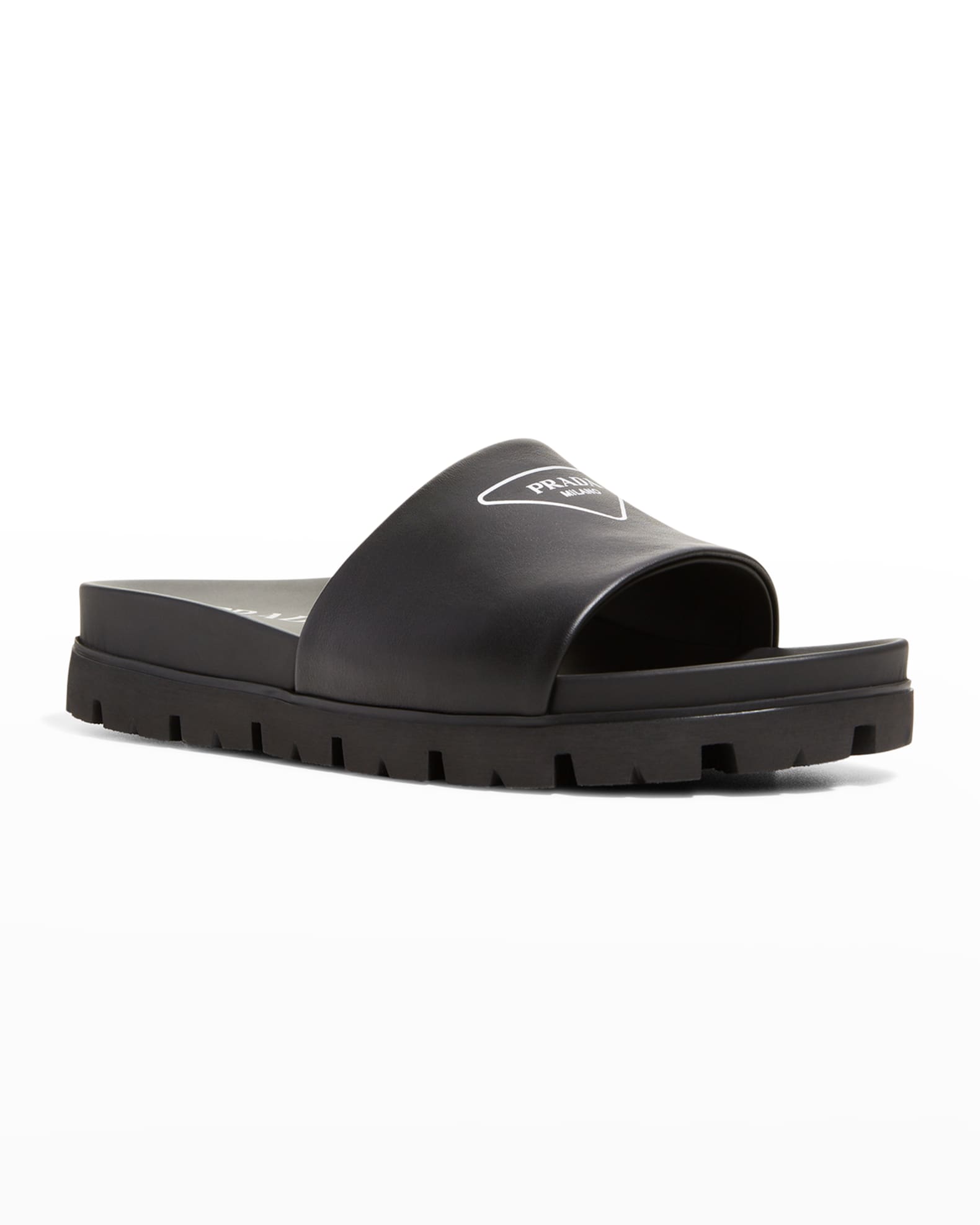 Prada Men's Leather Logo Slide Sandals | Neiman Marcus