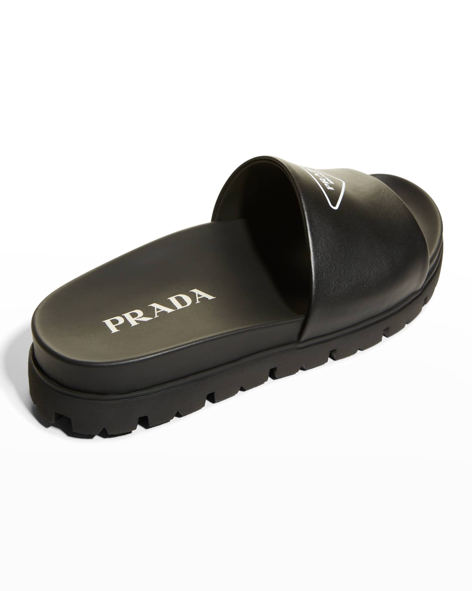 Prada Men's Leather Logo Slide Sandals | Neiman Marcus