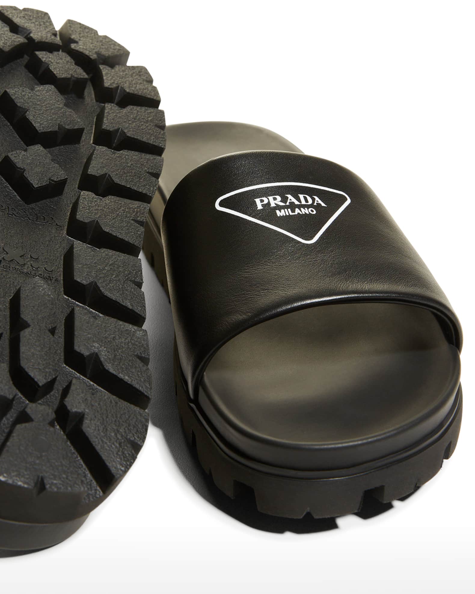 Prada Men's Leather Logo Slide Sandals | Neiman Marcus