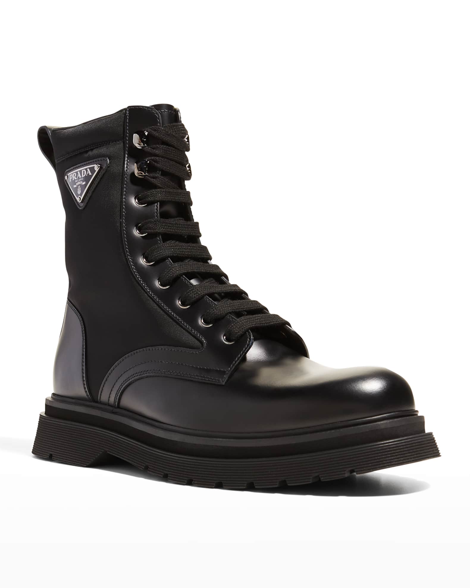 Prada Men's Re-Nylon & Leather Combat Boots | Neiman Marcus