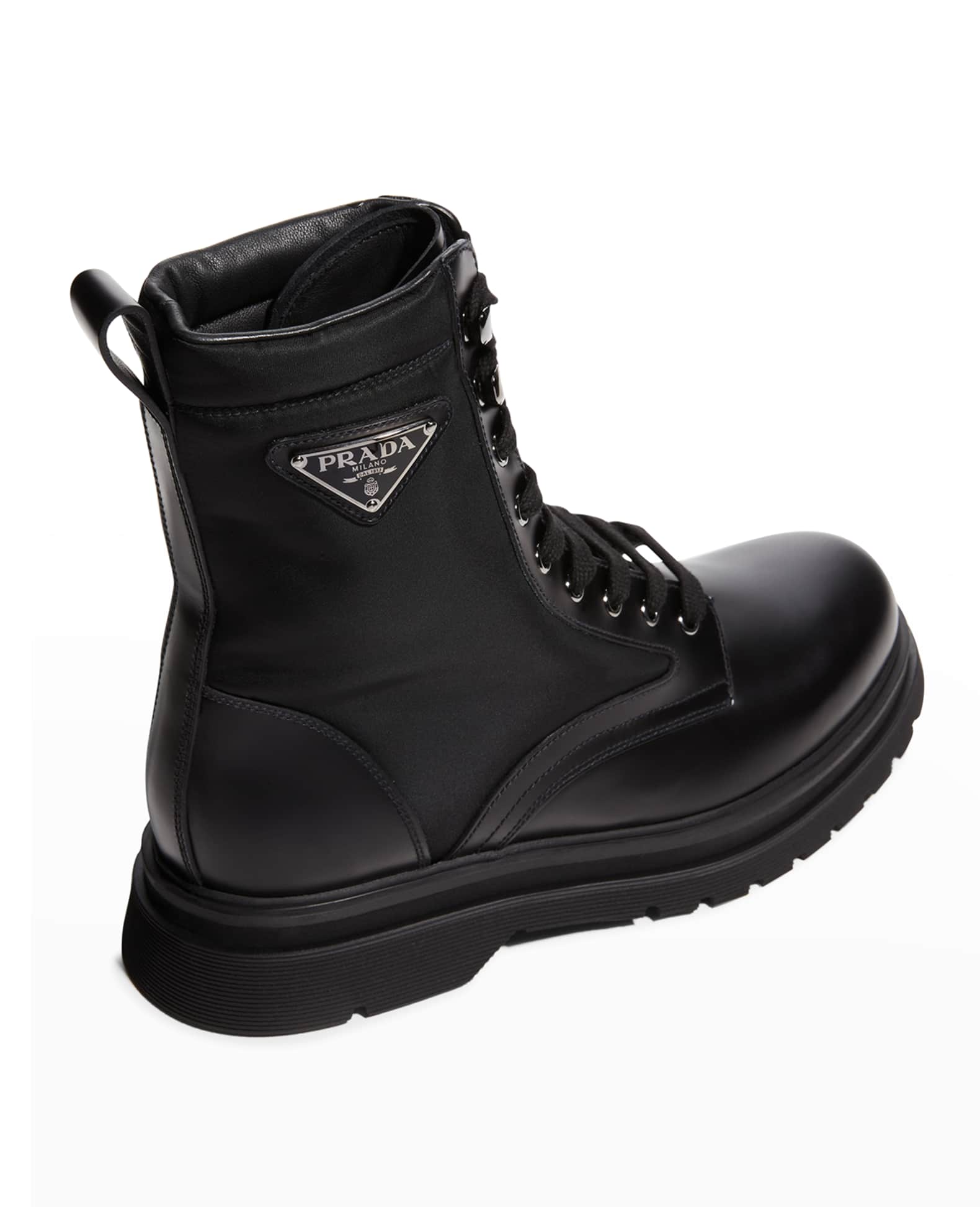 Prada Men's Re-Nylon & Leather Combat Boots | Neiman Marcus