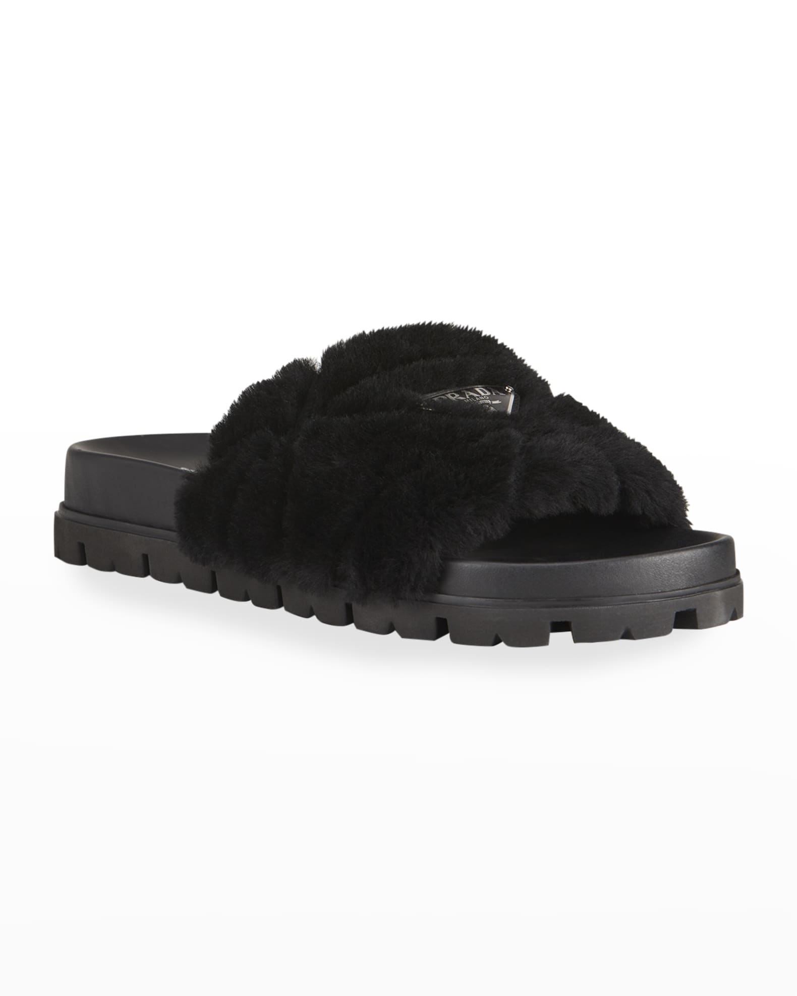 Prada Fussbet Shearling Slide Slippers | Neiman Marcus