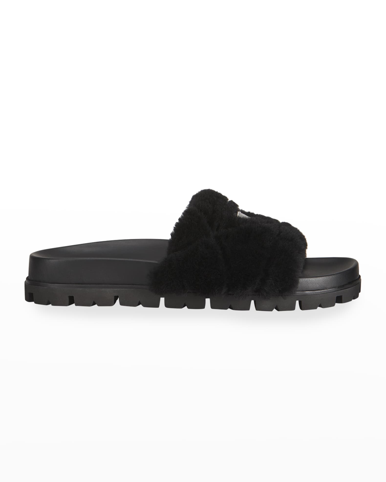 Prada Fussbet Shearling Slide Slippers | Neiman Marcus