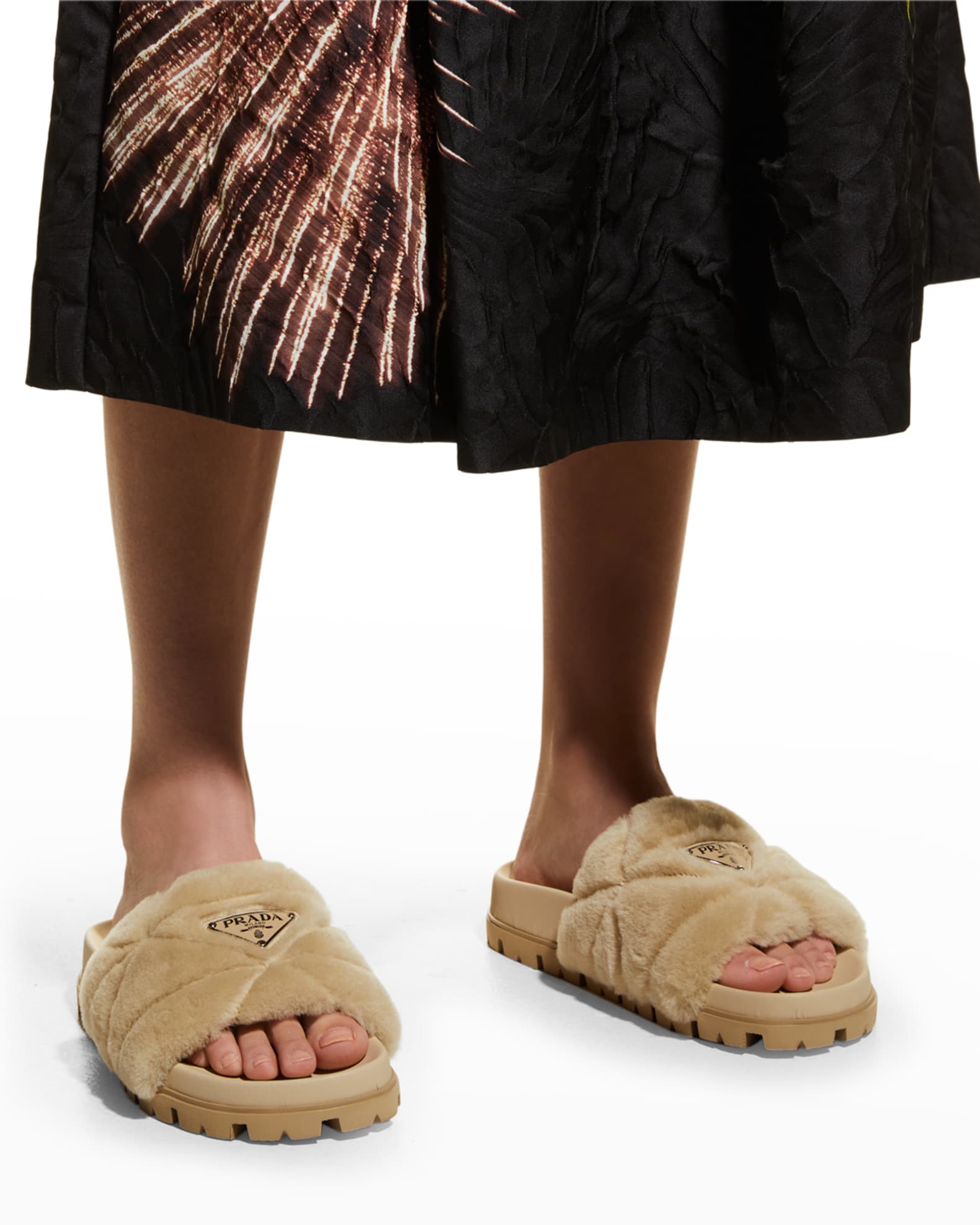 Prada Fussbet Shearling Slide Slippers | Neiman Marcus