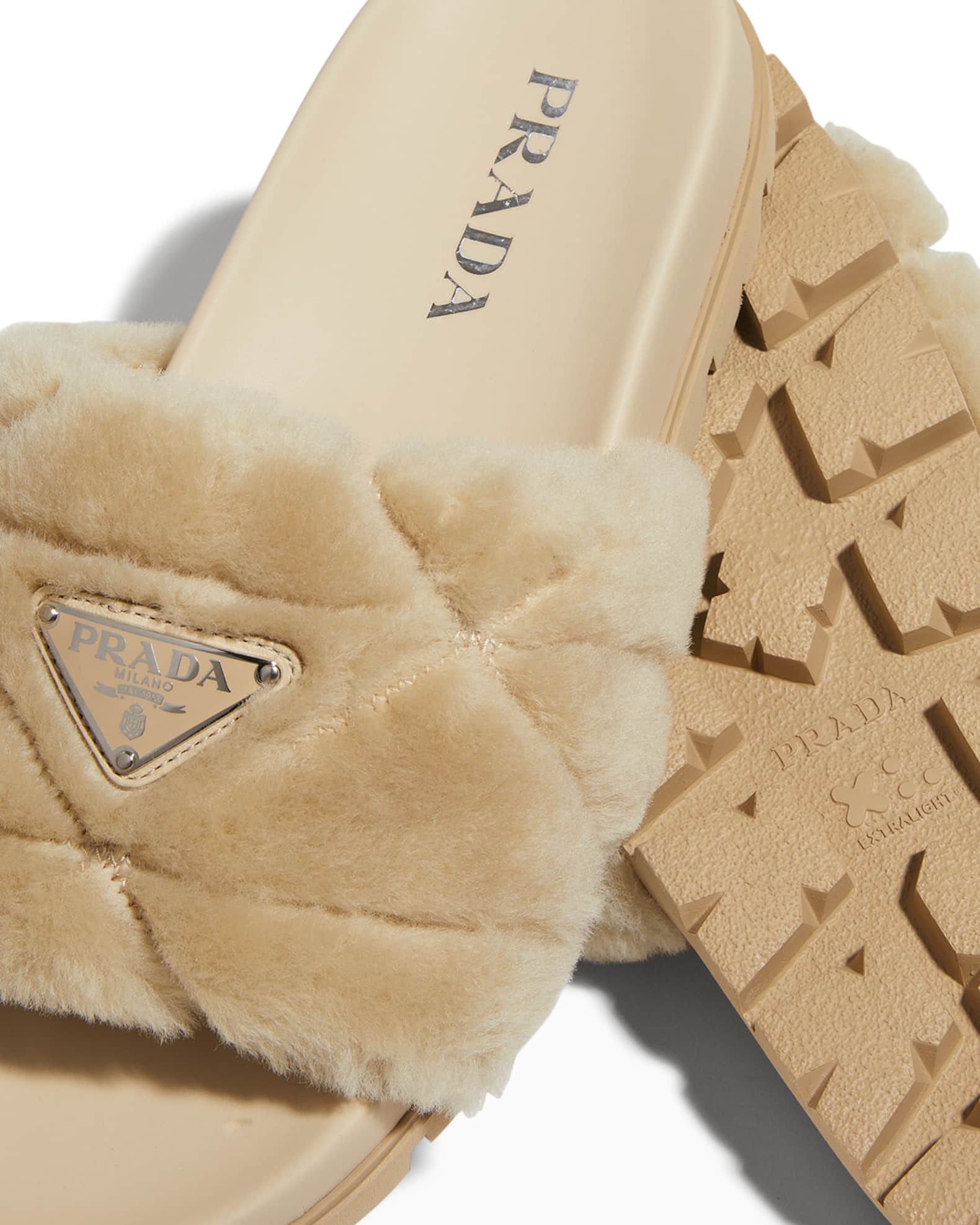 Prada Fussbet Shearling Slide Slippers | Neiman Marcus