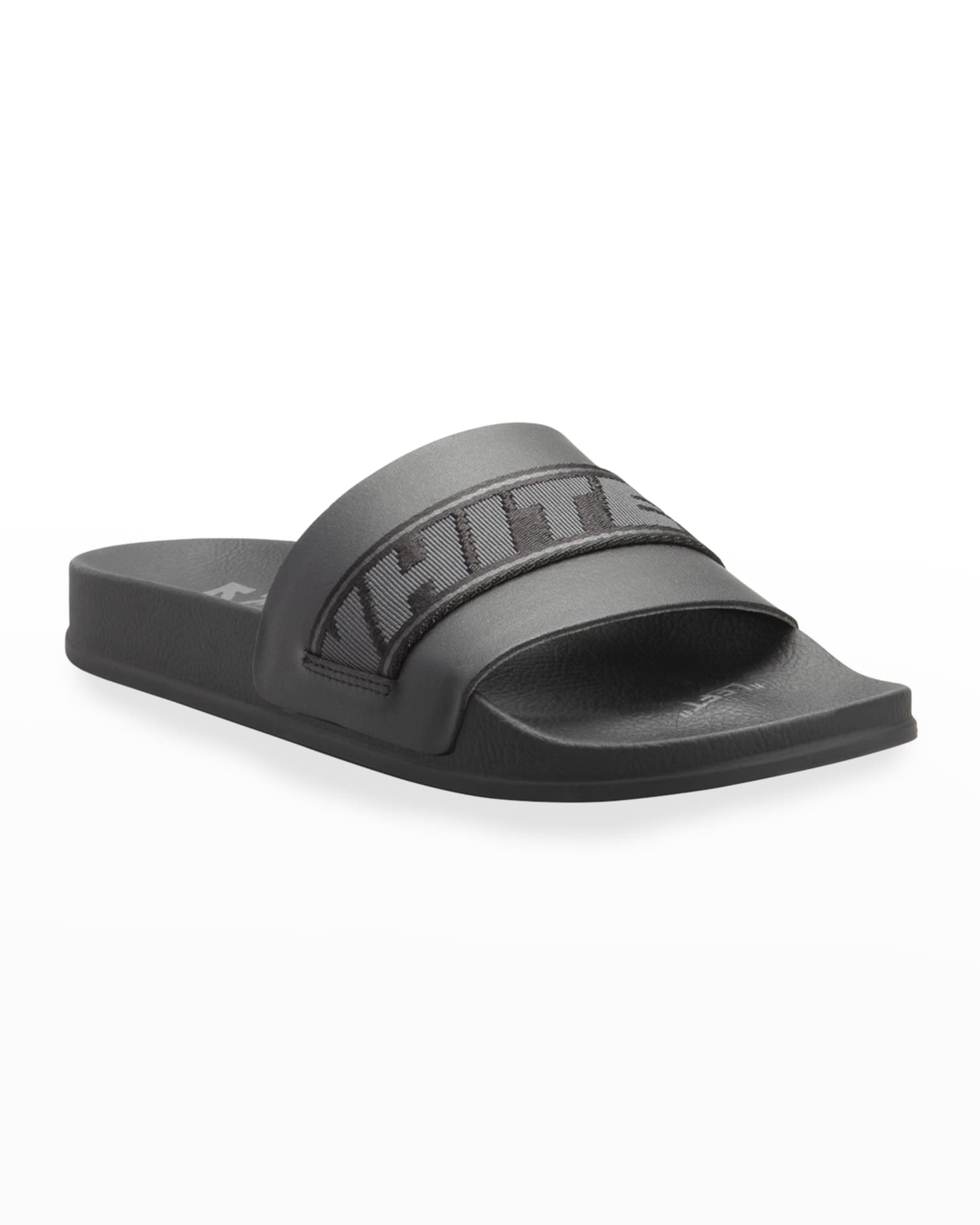 Off-White Men's Logo Industrial Belt Pool Slides, Black | Neiman Marcus