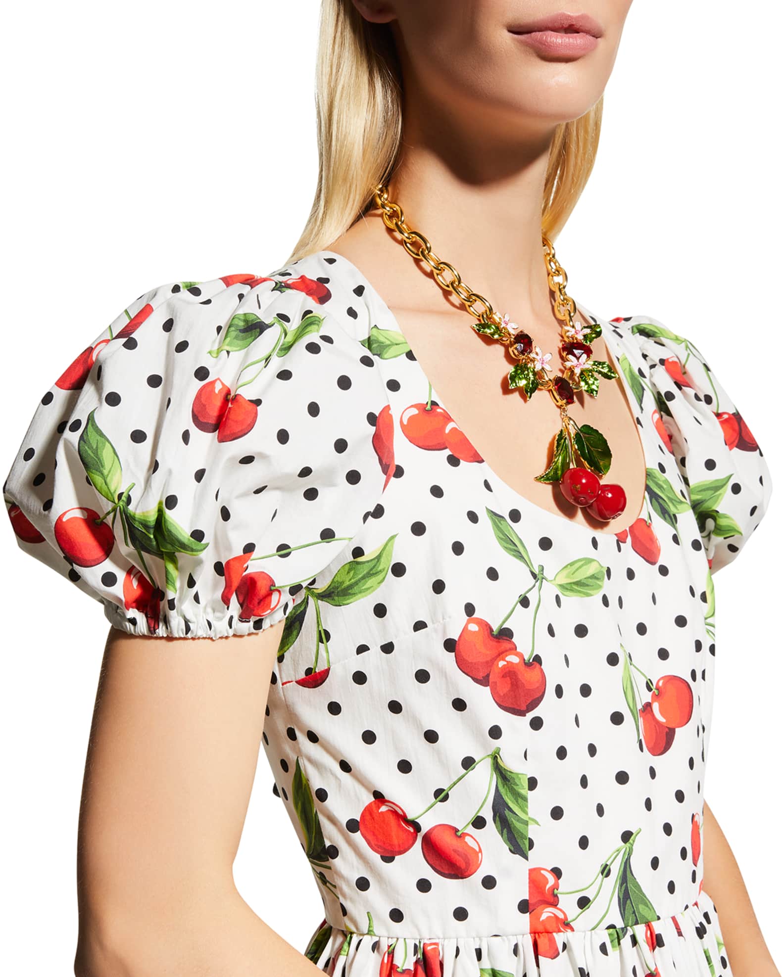 Dolce Gabbana Polka Dot Cherry Print Puff Sleeve Dress Neiman Marcus