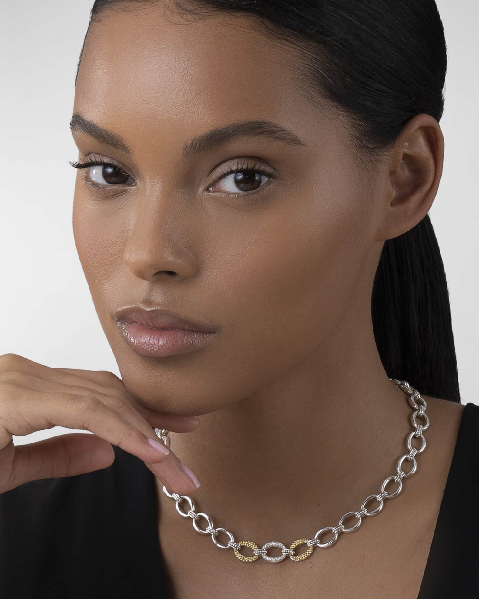 LAGOS Caviar Lux Two-Tone One Pave Diamond Oval Link Necklace | Neiman ...