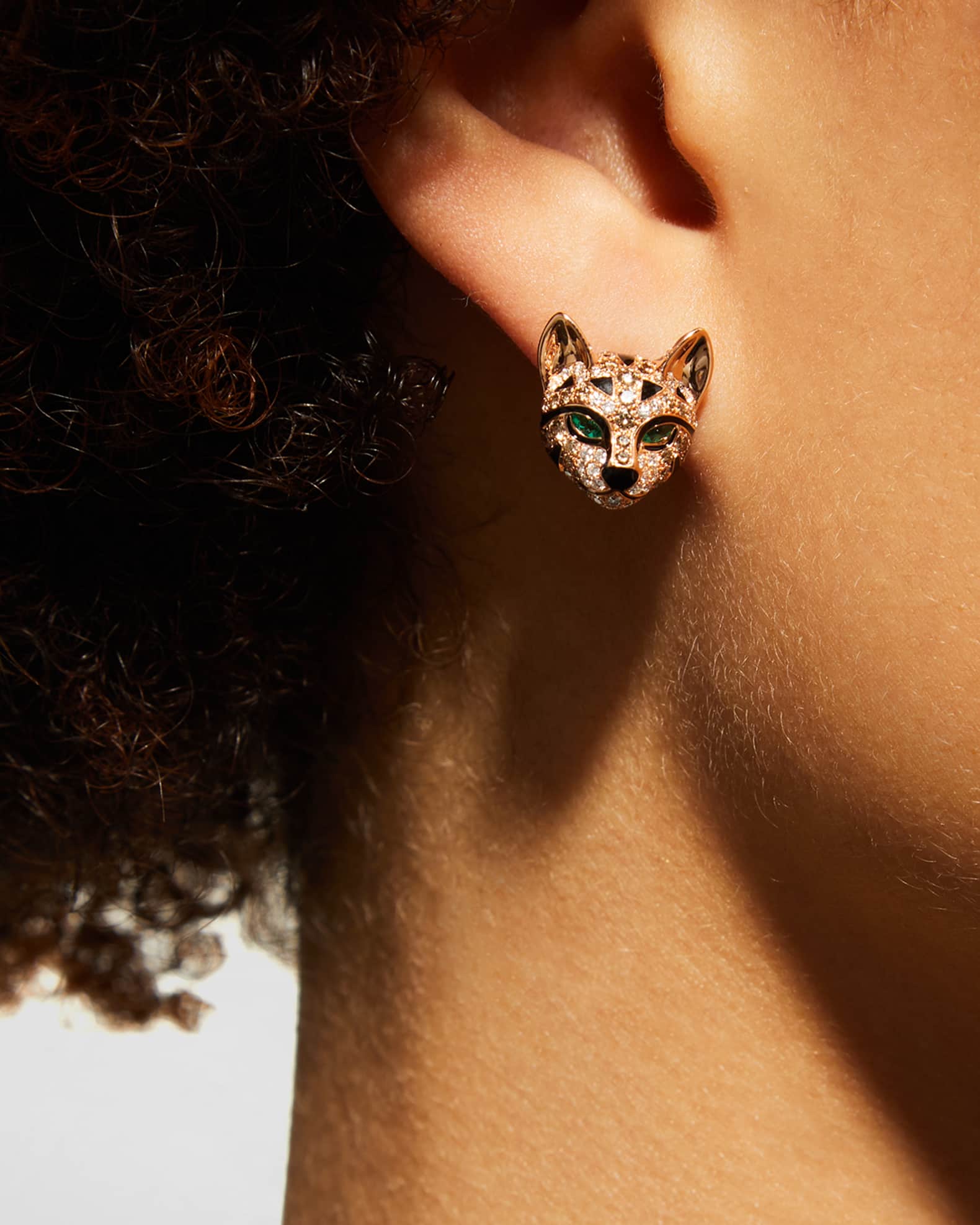 Boucheron Pink Gold Fuzzy, the Leopard Stud Earrings with Diamonds and Emeralds | Neiman Marcus