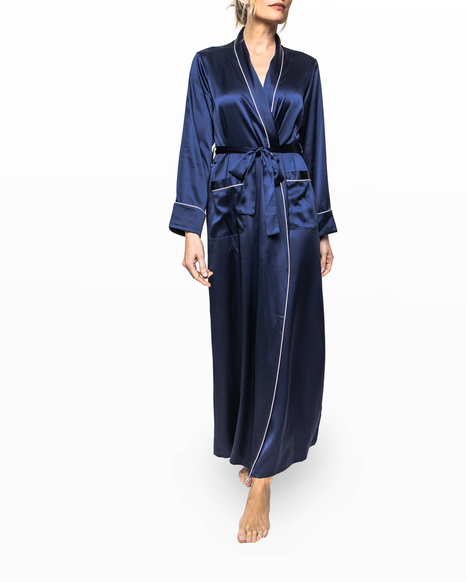 Petite Plume Long Piped Silk Robe | Neiman Marcus