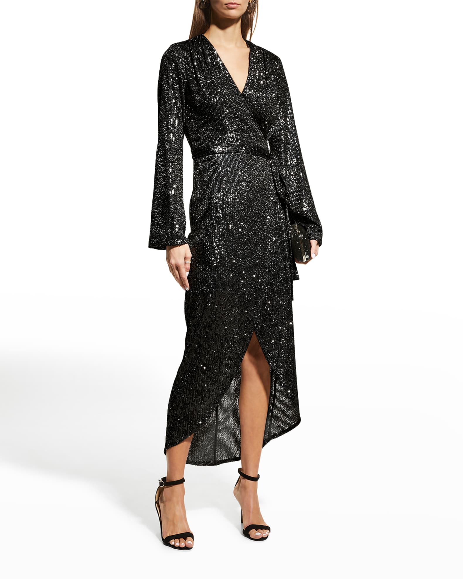 Halston Falan Sequin Long-Sleeve Wrap Dress | Neiman Marcus