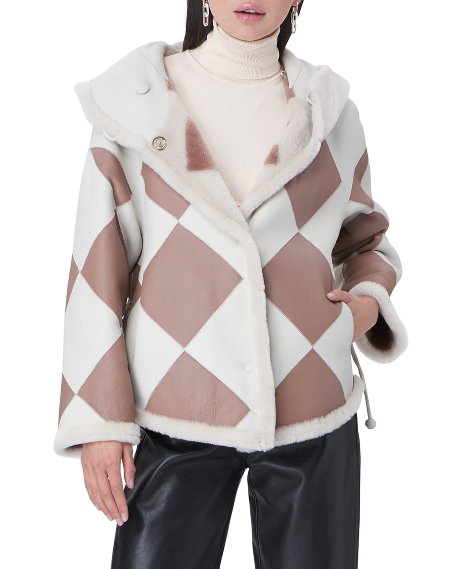 Christia Hooded Reversible Diamond Shearling Jacket | Neiman Marcus