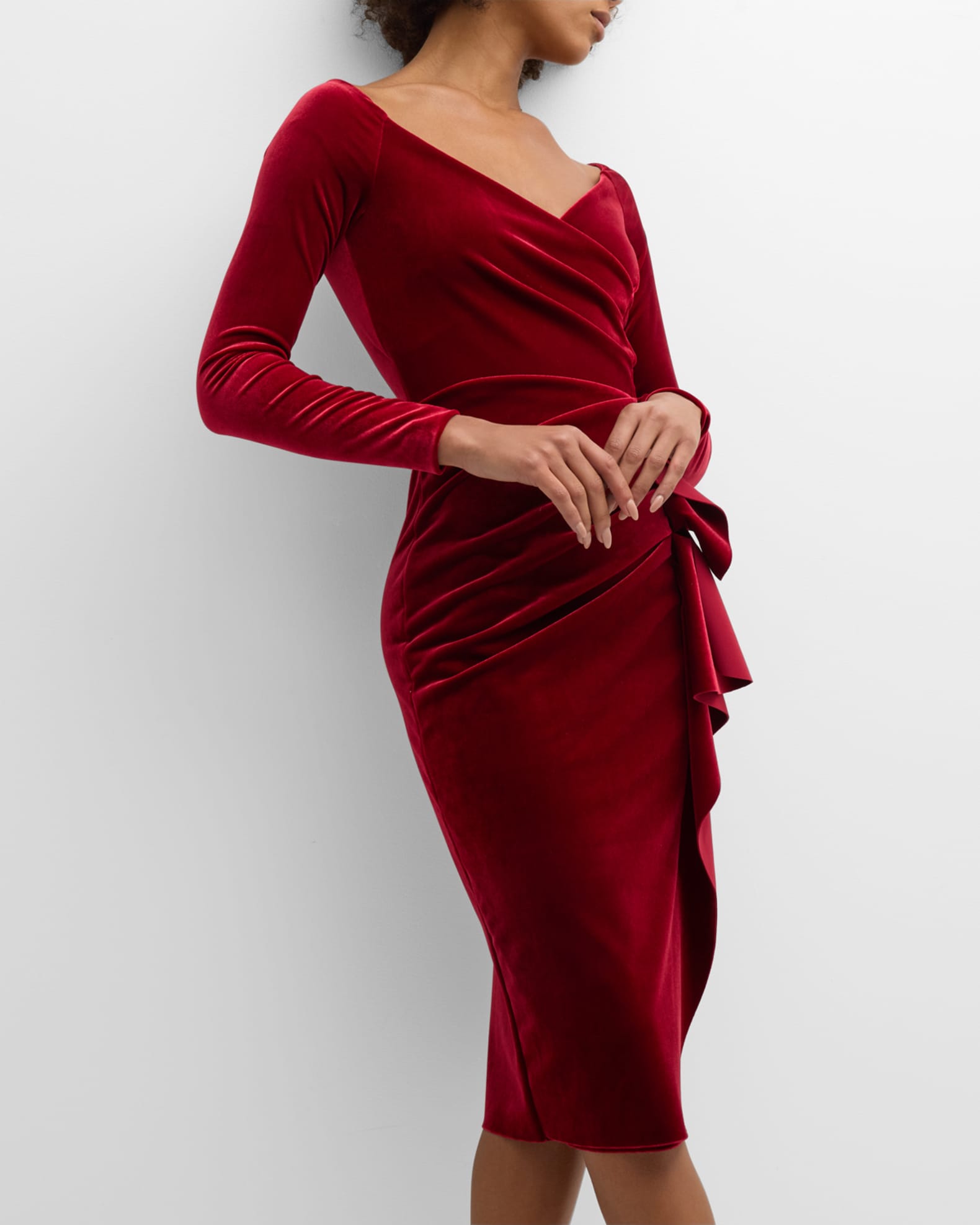 Chiara Boni La Petite Robe Silveria Long-Sleeve Side-Drape Velvet Dress ...