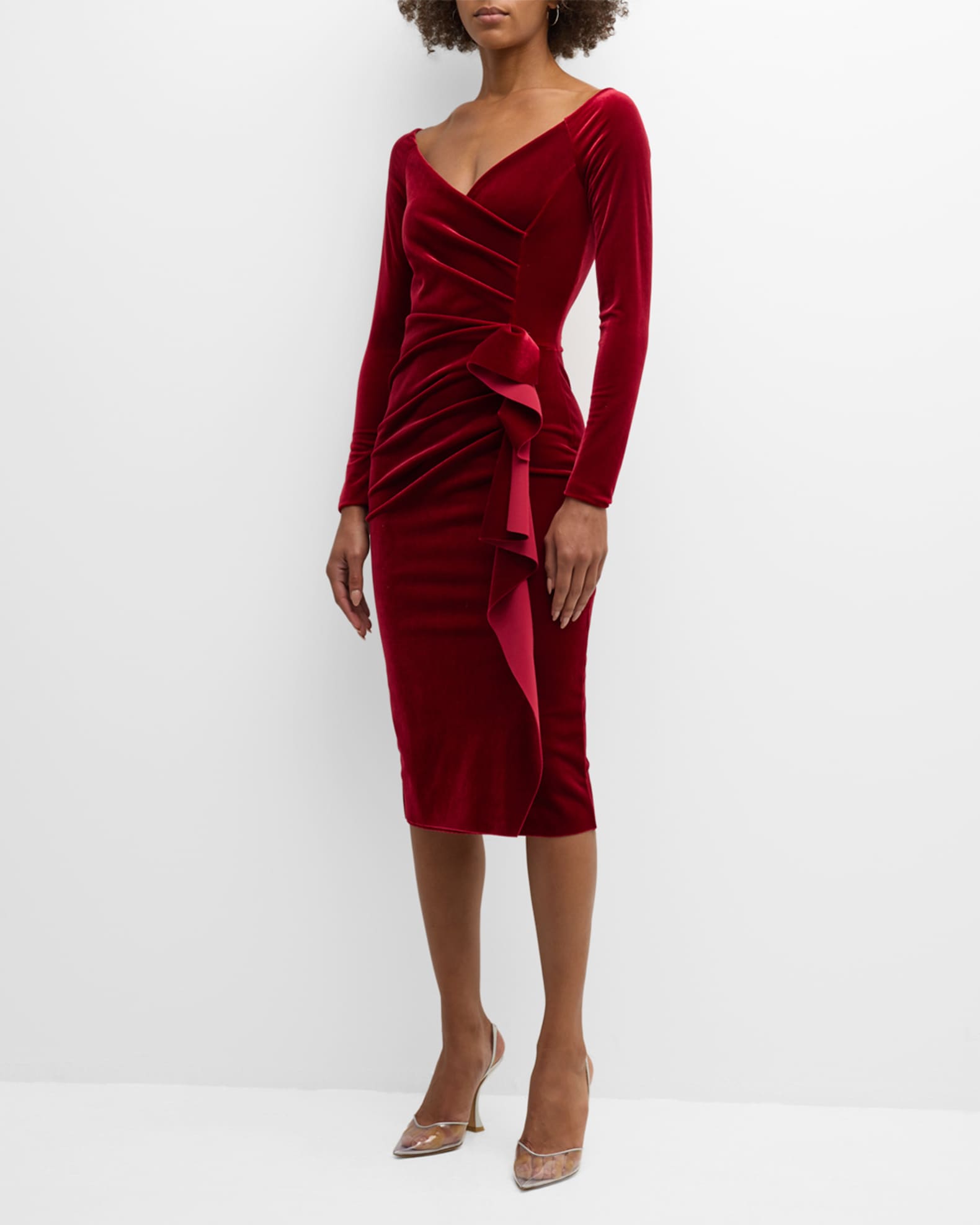 Chiara Boni La Petite Robe Silveria Long-Sleeve Side-Drape Velvet Dress ...