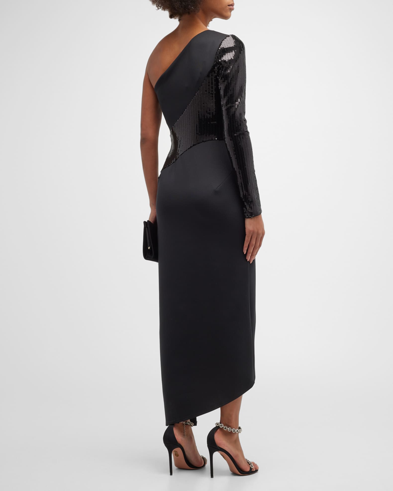 SHO Sequin-Sleeve One-Shoulder Slit Dress | Neiman Marcus