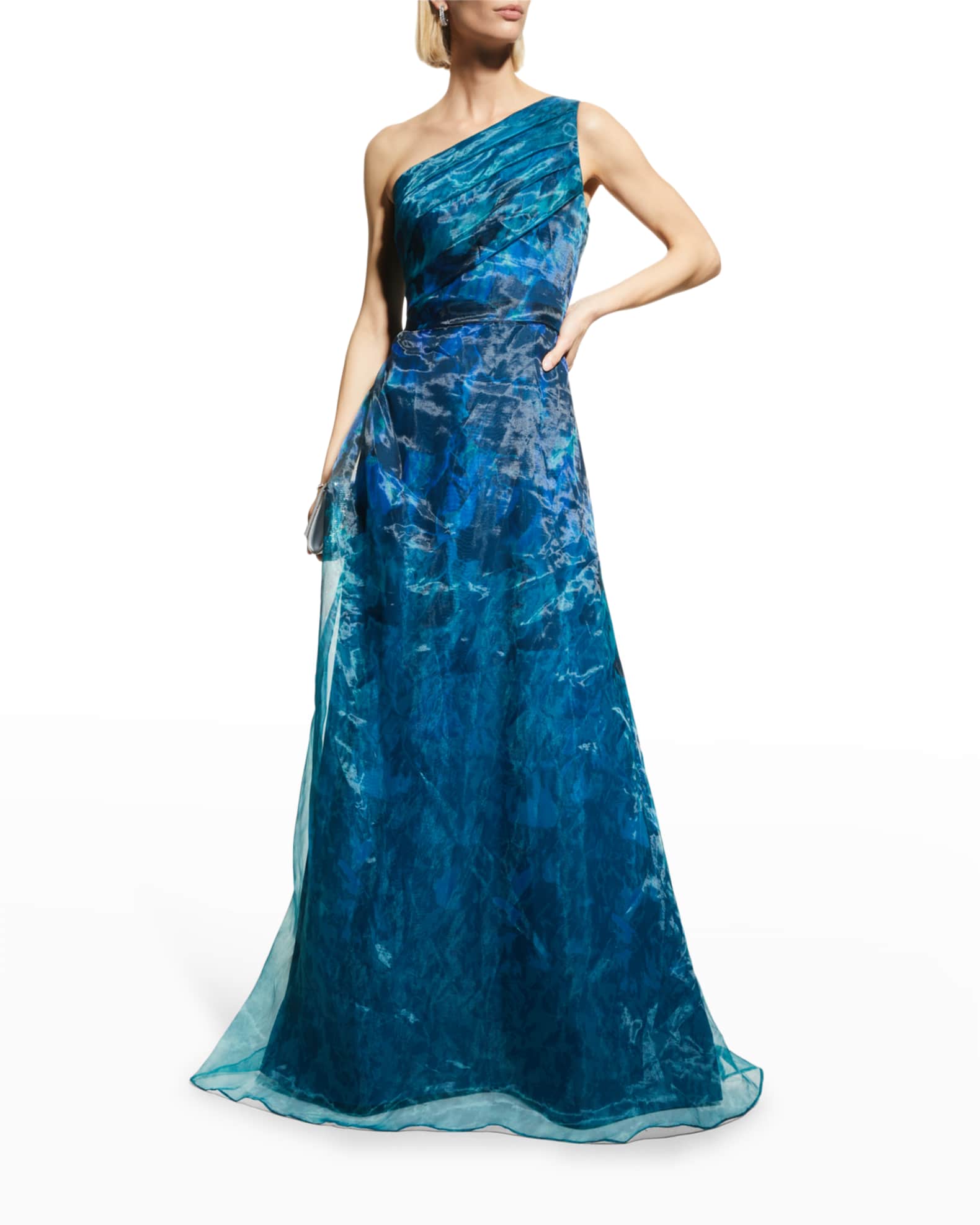 Rene Ruiz Collection One-Shoulder Printed Organza A-Line Gown | Neiman ...