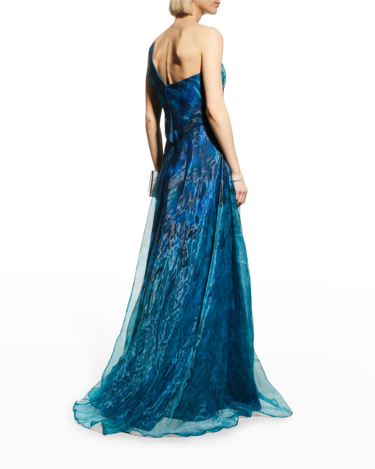 Rene Ruiz Collection One-Shoulder Printed Organza A-Line Gown | Neiman ...