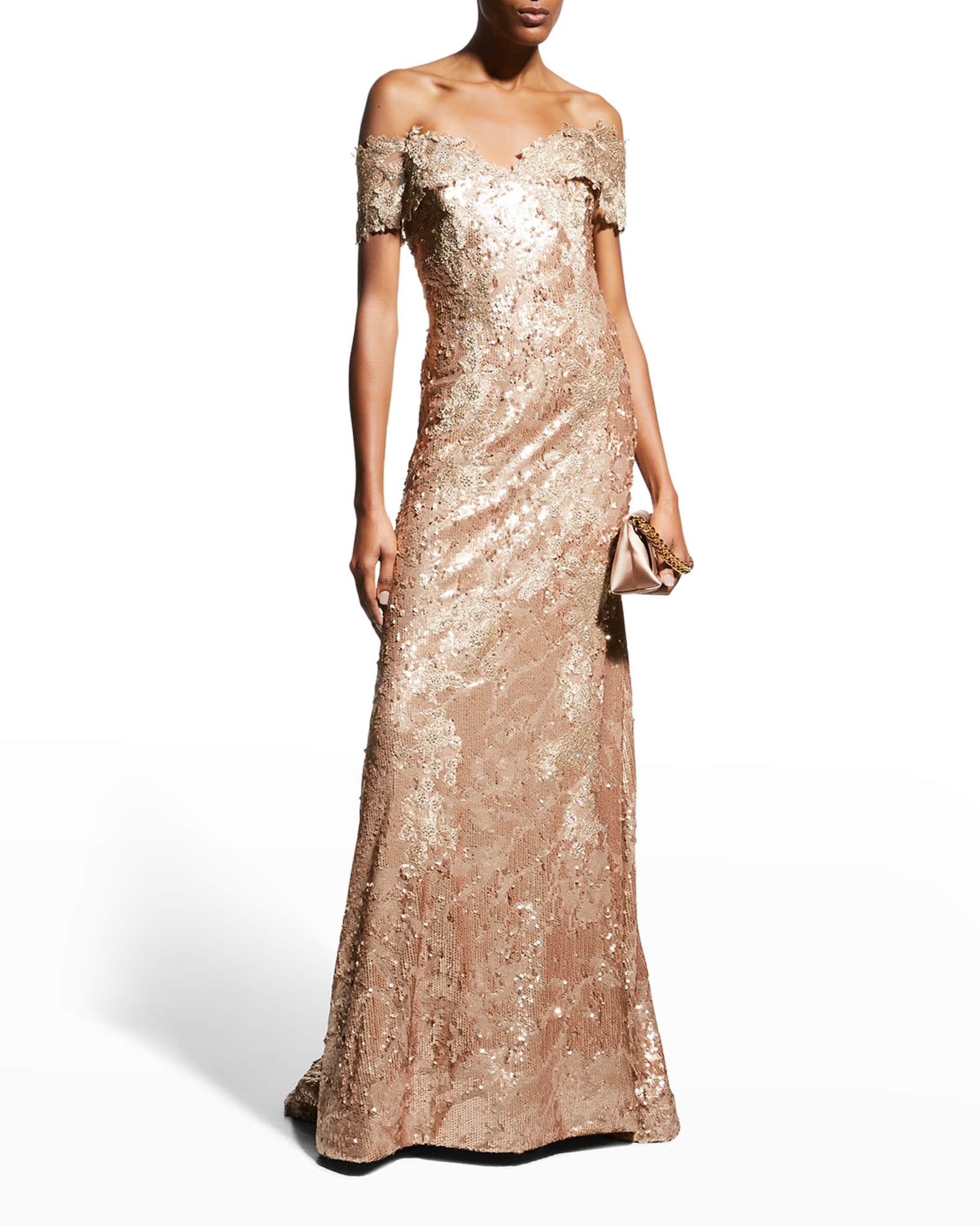 Rene Ruiz Collection Sequin-Embellished Off-Shoulder Gown | Neiman Marcus
