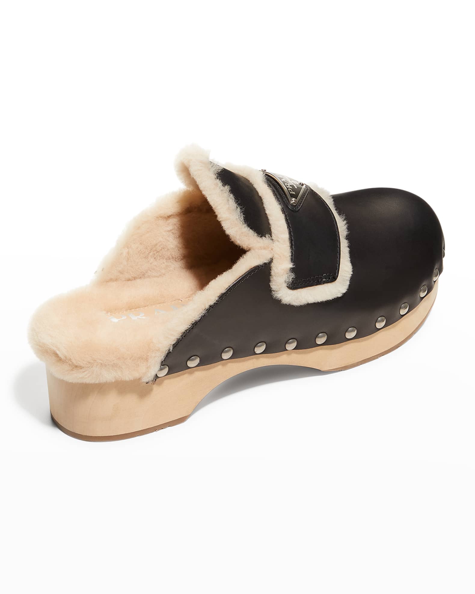 Prada Leather Shearling Logo Mule Clogs | Neiman Marcus