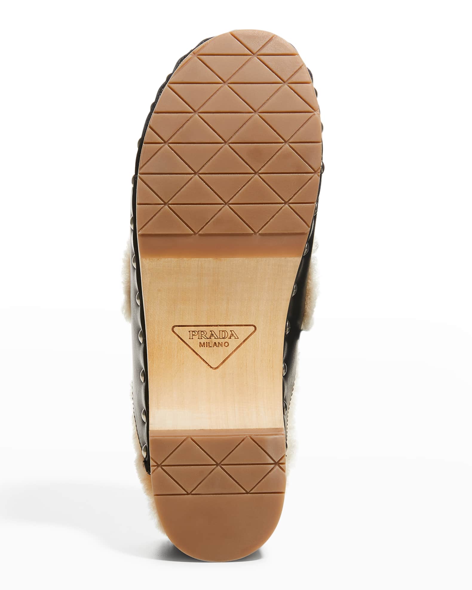 Prada Leather Shearling Logo Mule Clogs | Neiman Marcus