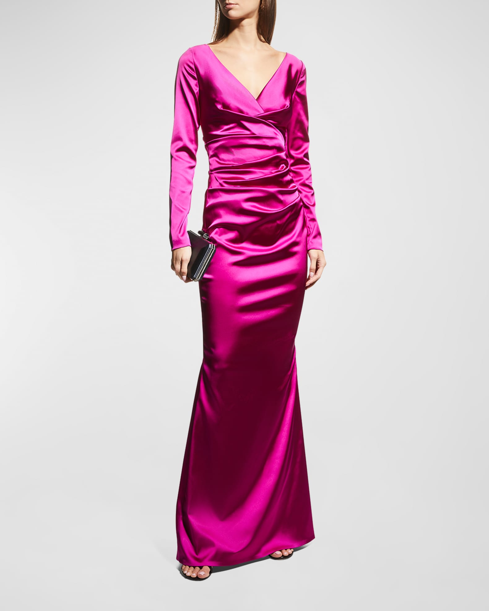 Talbot Runhof Long-Sleeve Draped Satin Duchesse Gown | Neiman Marcus