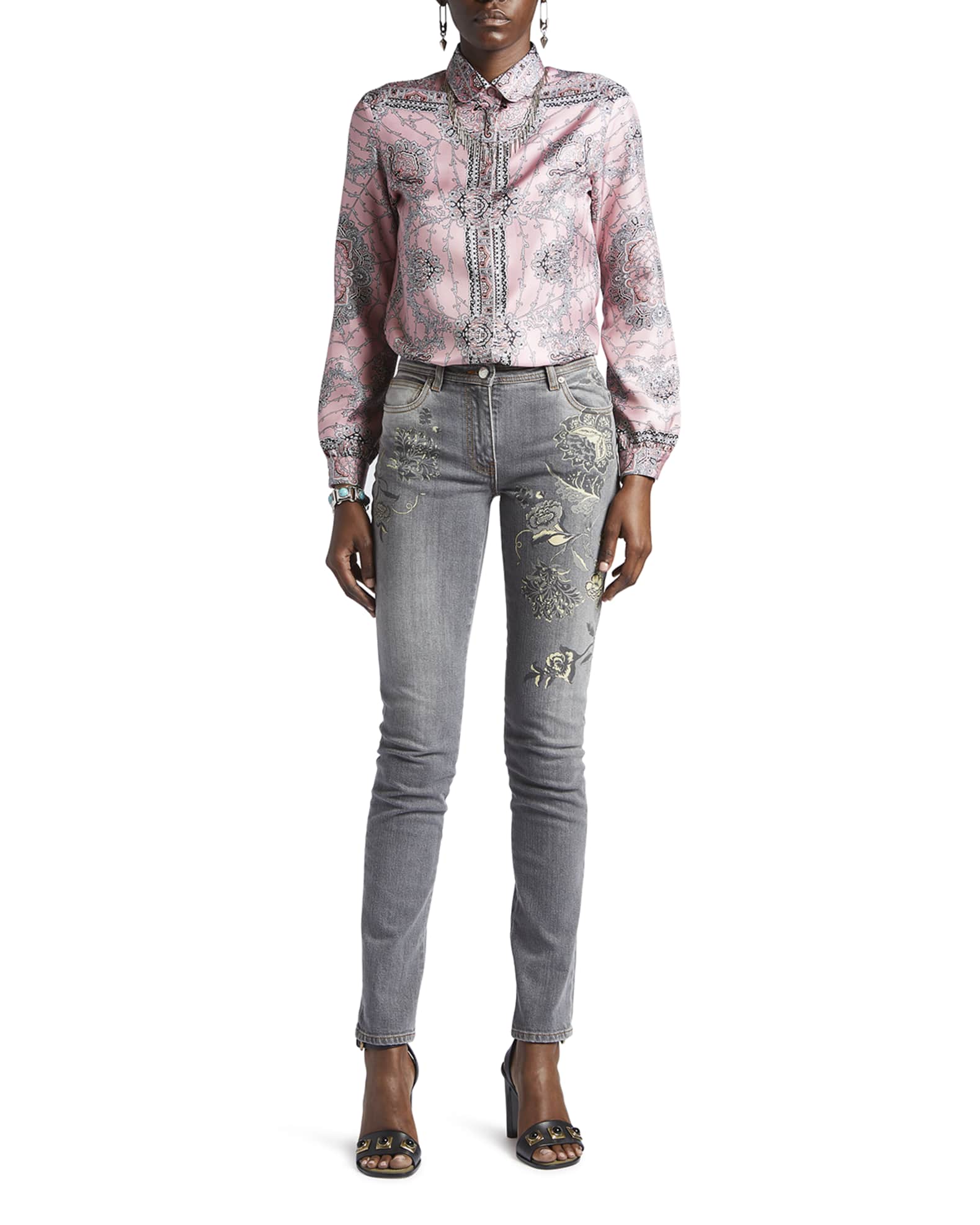 Etro Floral Chain-Print Skinny Jeans | Neiman Marcus