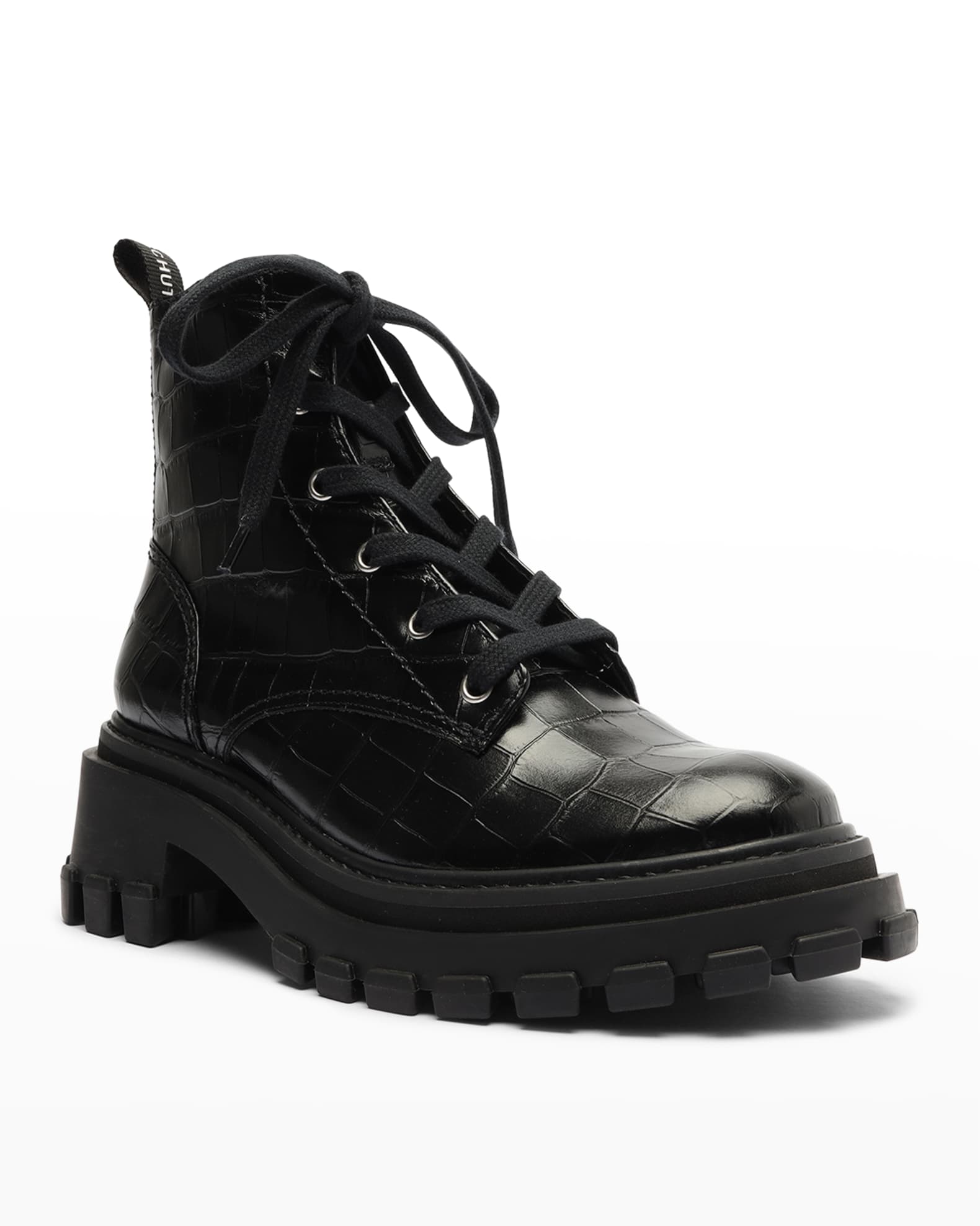 Schutz Orly Croc-Print Lug-Sole Combat Boots | Neiman Marcus