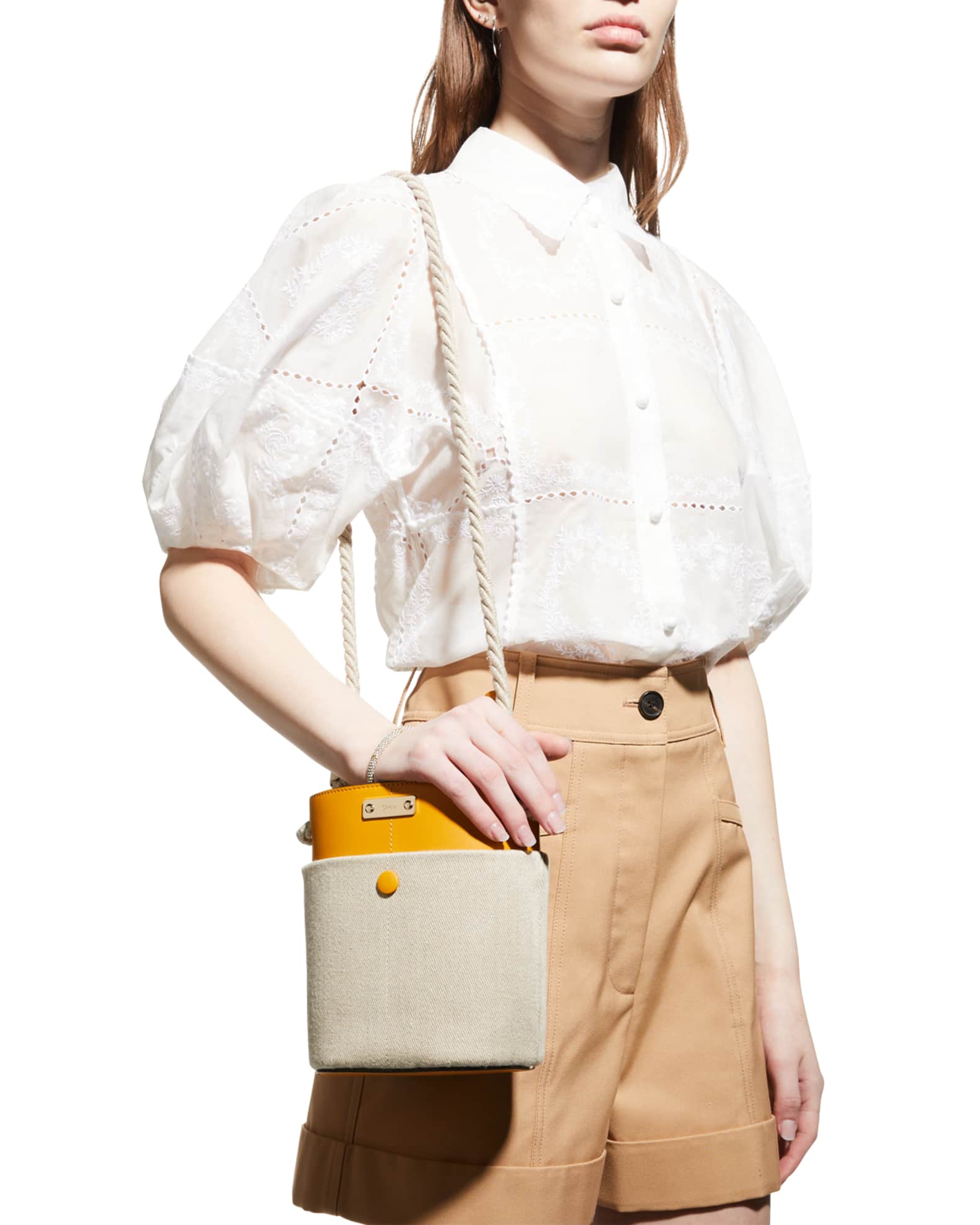 Chloe Key Small Linen & Leather Bucket Bag | Neiman Marcus