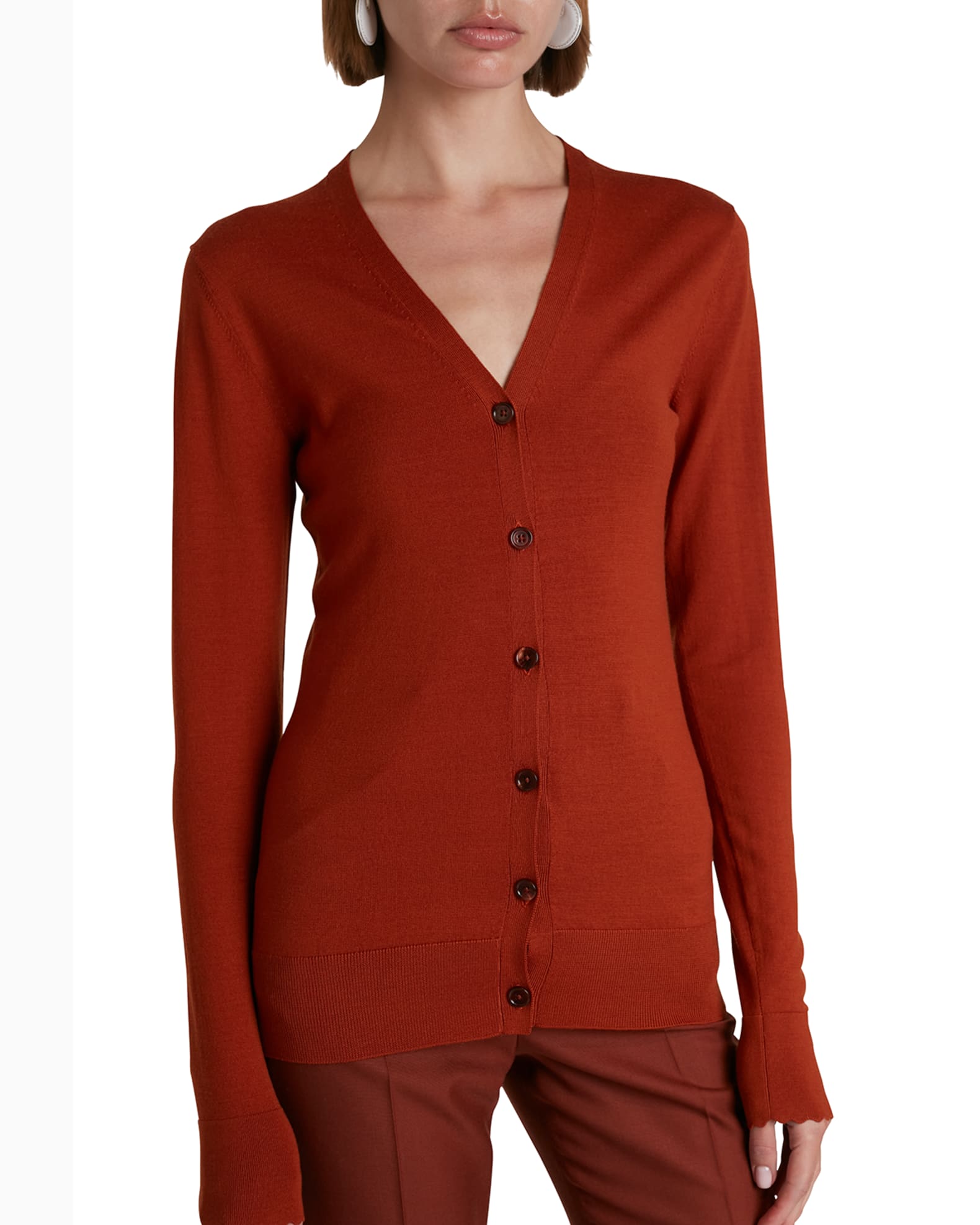 Chloe Classic V-Neck Wool Cardigan w/ Scallop Cuffs | Neiman Marcus