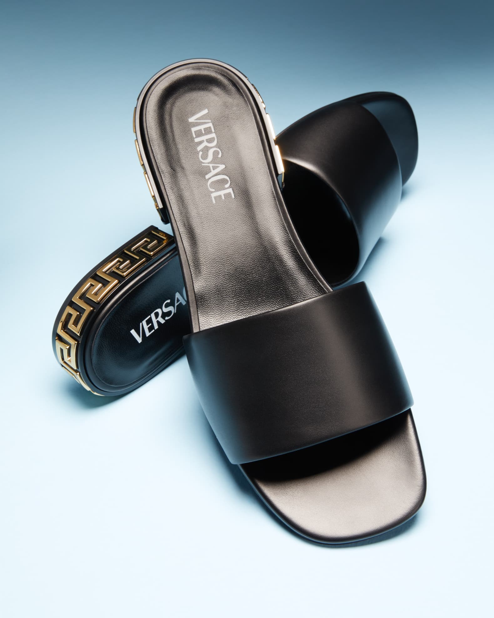 Versace Greca Calfskin Flat Mule Sandals | Neiman Marcus