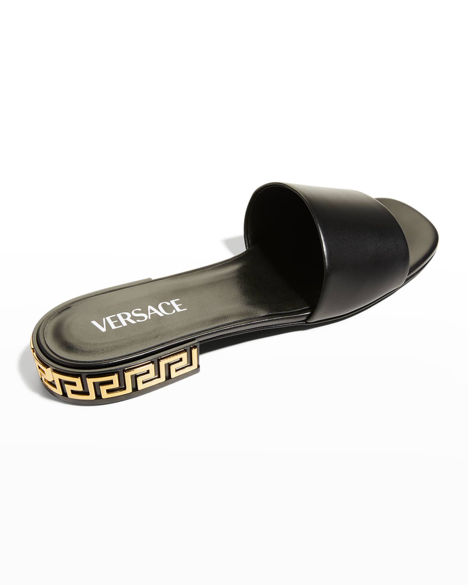 Versace Greca Calfskin Flat Mule Sandals | Neiman Marcus