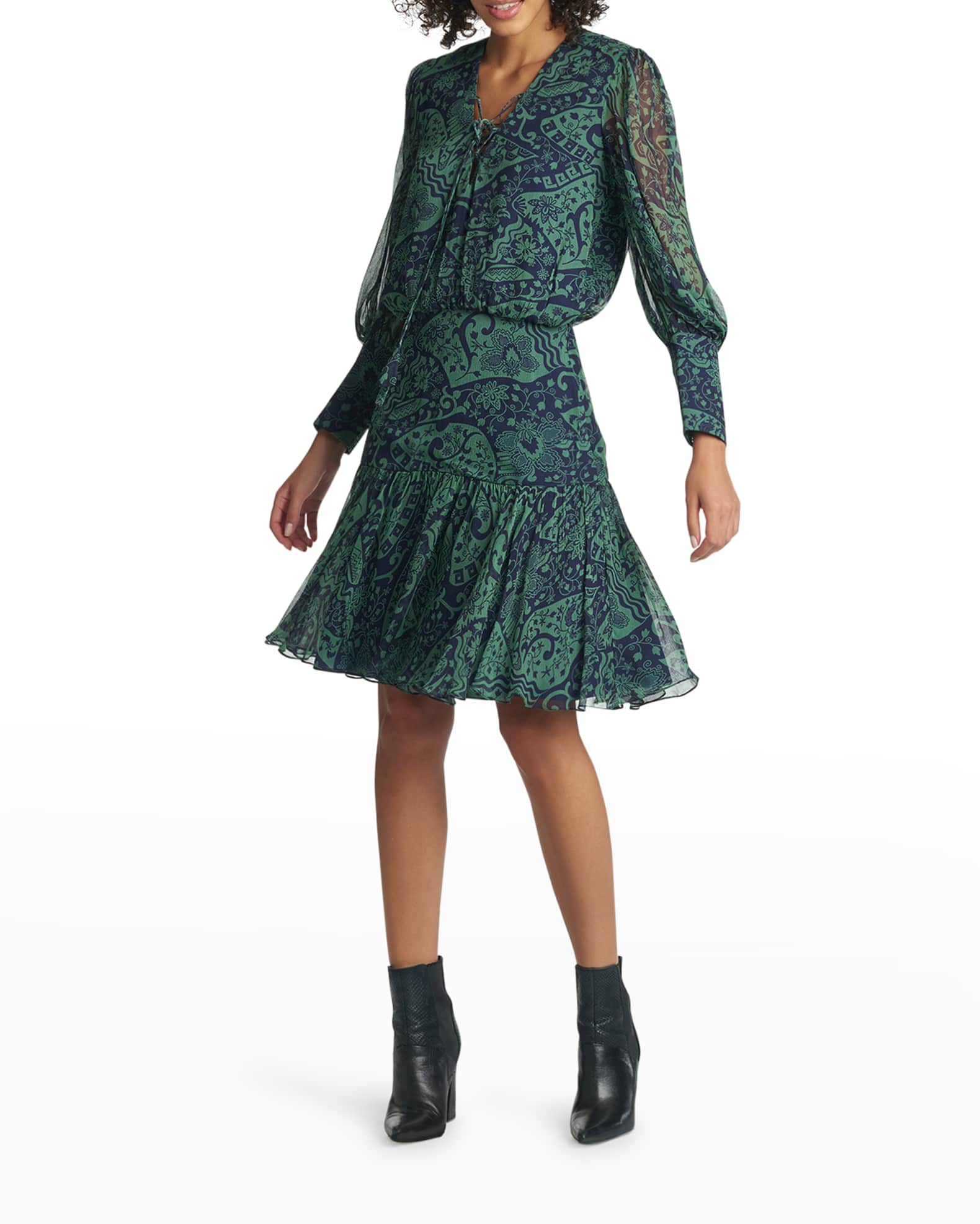 Sachin & Babi Samarah Balloon-Sleeve Floral Chiffon Dress | Neiman Marcus