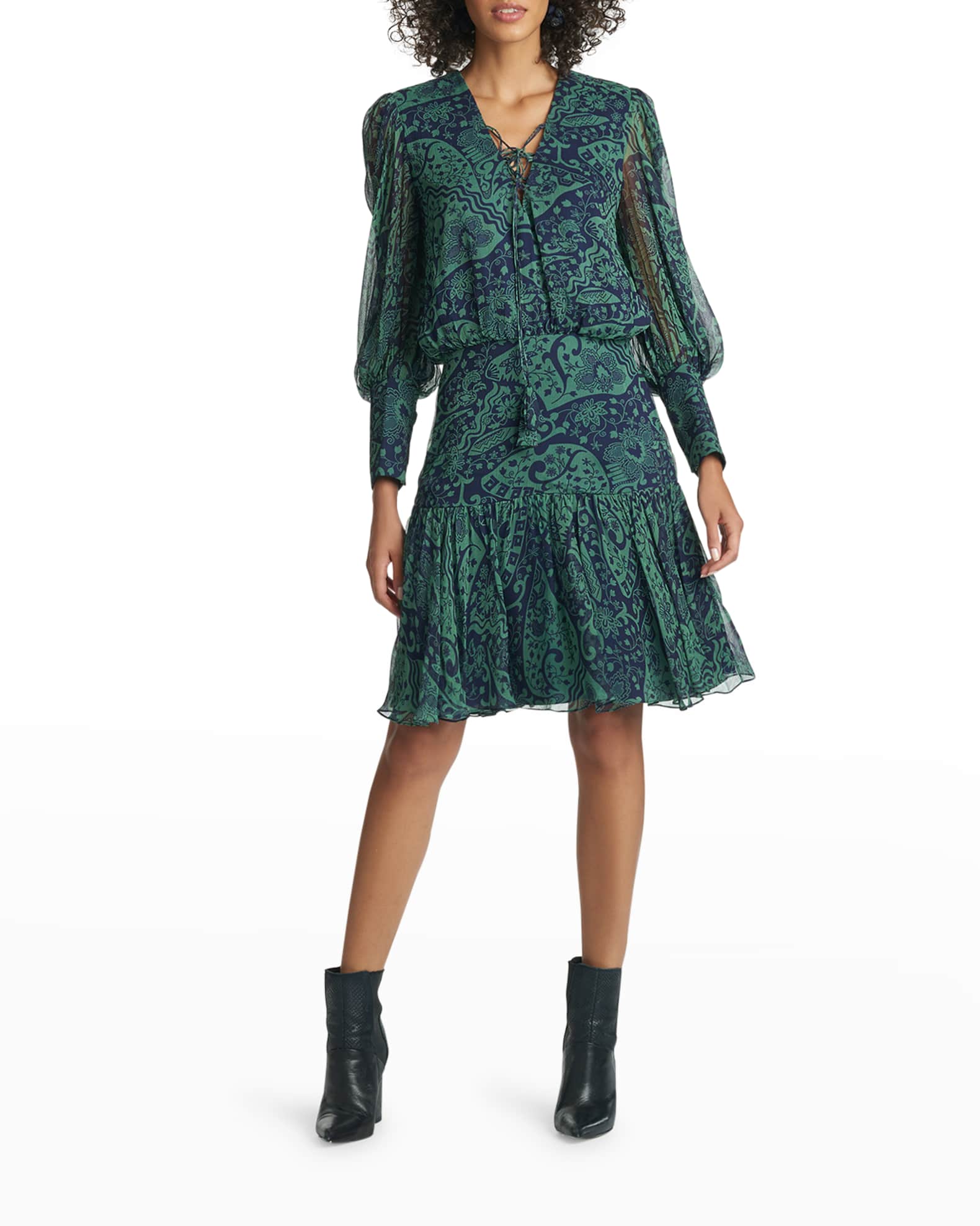 Sachin & Babi Samarah Balloon-Sleeve Floral Chiffon Dress | Neiman Marcus