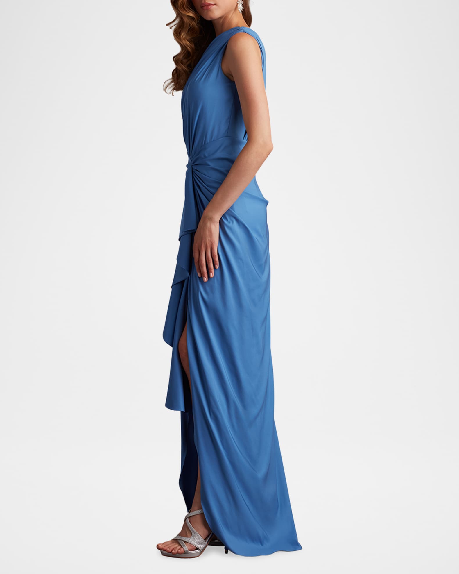 Tadashi Shoji One-Shoulder Shirred Ruffle Gown | Neiman Marcus