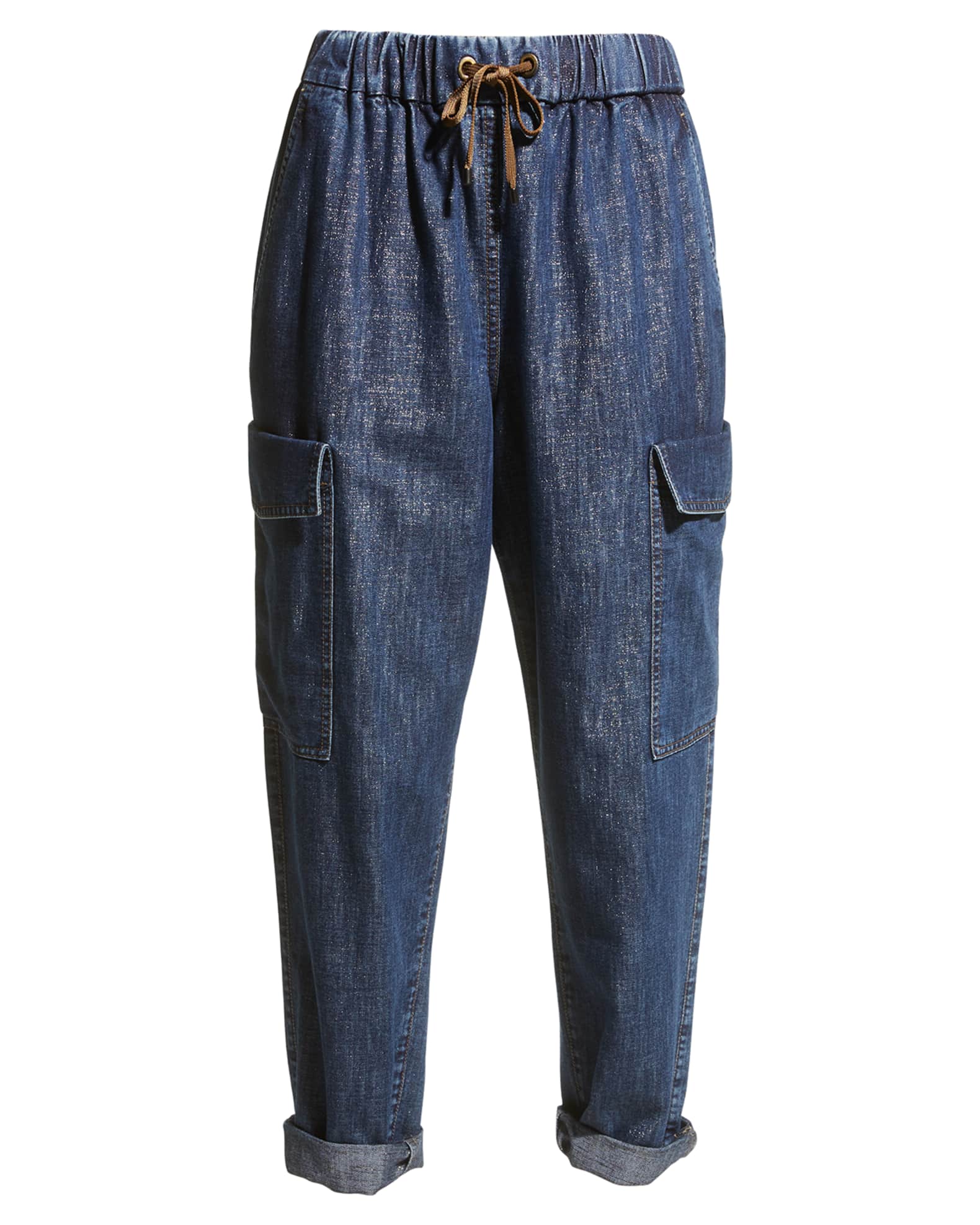 Brunello Cucinelli Metallic Denim Drawstring Cargo Jeans | Neiman Marcus