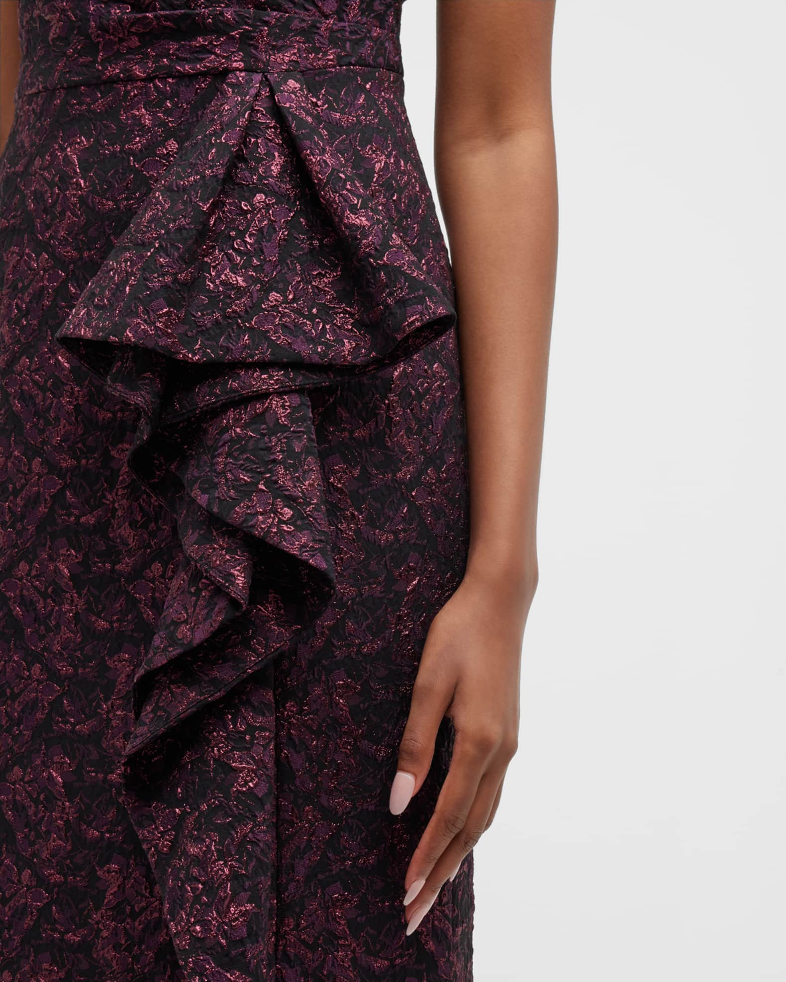 Rickie Freeman for Teri Jon Asymmetric Portrait-Neck Side-Ruffle Gown ...