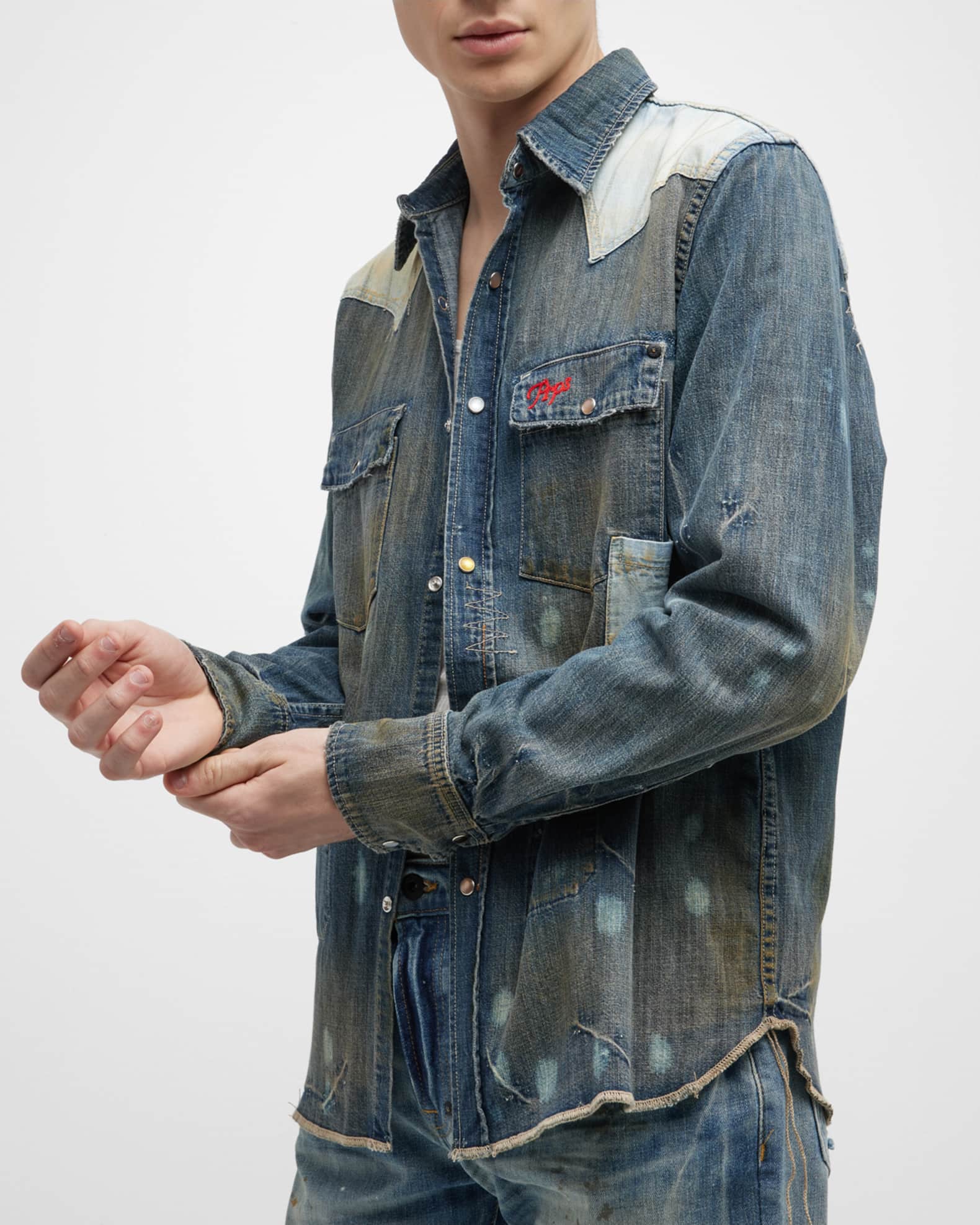 PRPS Men's Washed Denim Snap-Front Western Shirt - Noir Collection ...