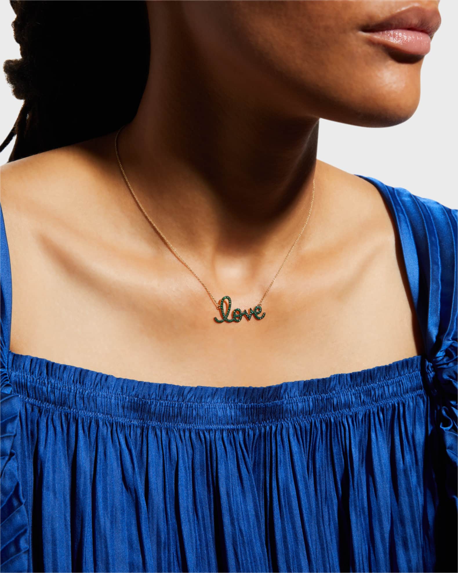 Sydney Evan Yellow Gold Large Emerald Love Script Necklace | Neiman Marcus