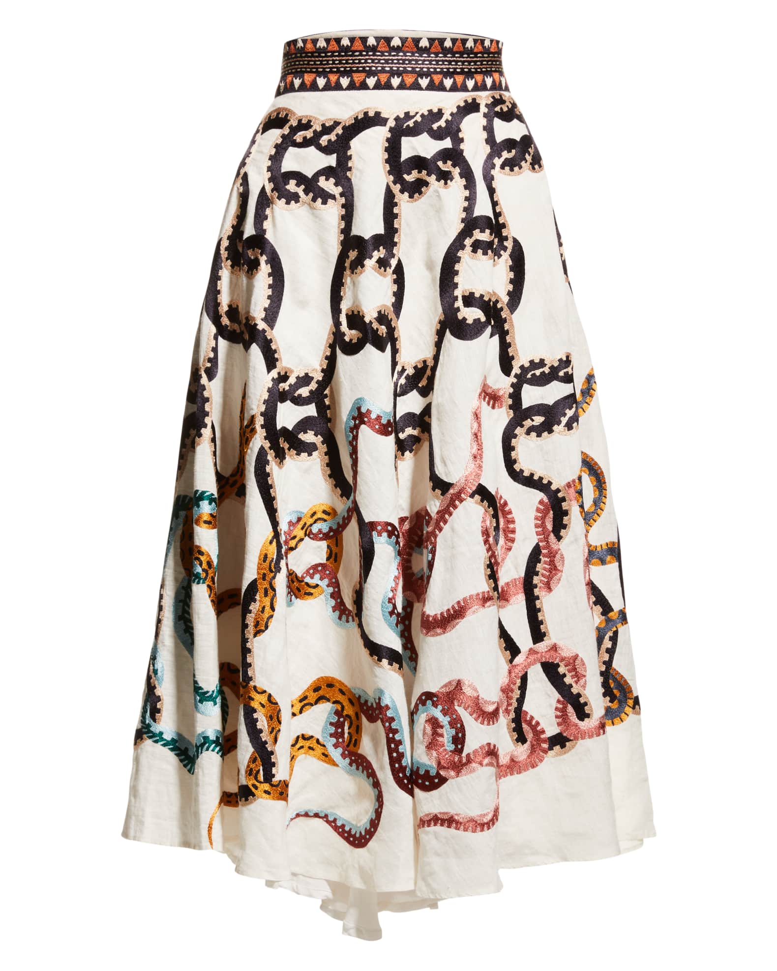 EMPORIO SIRENUSE Livia Snake Embroidered Linen Midi Skirt | Neiman Marcus