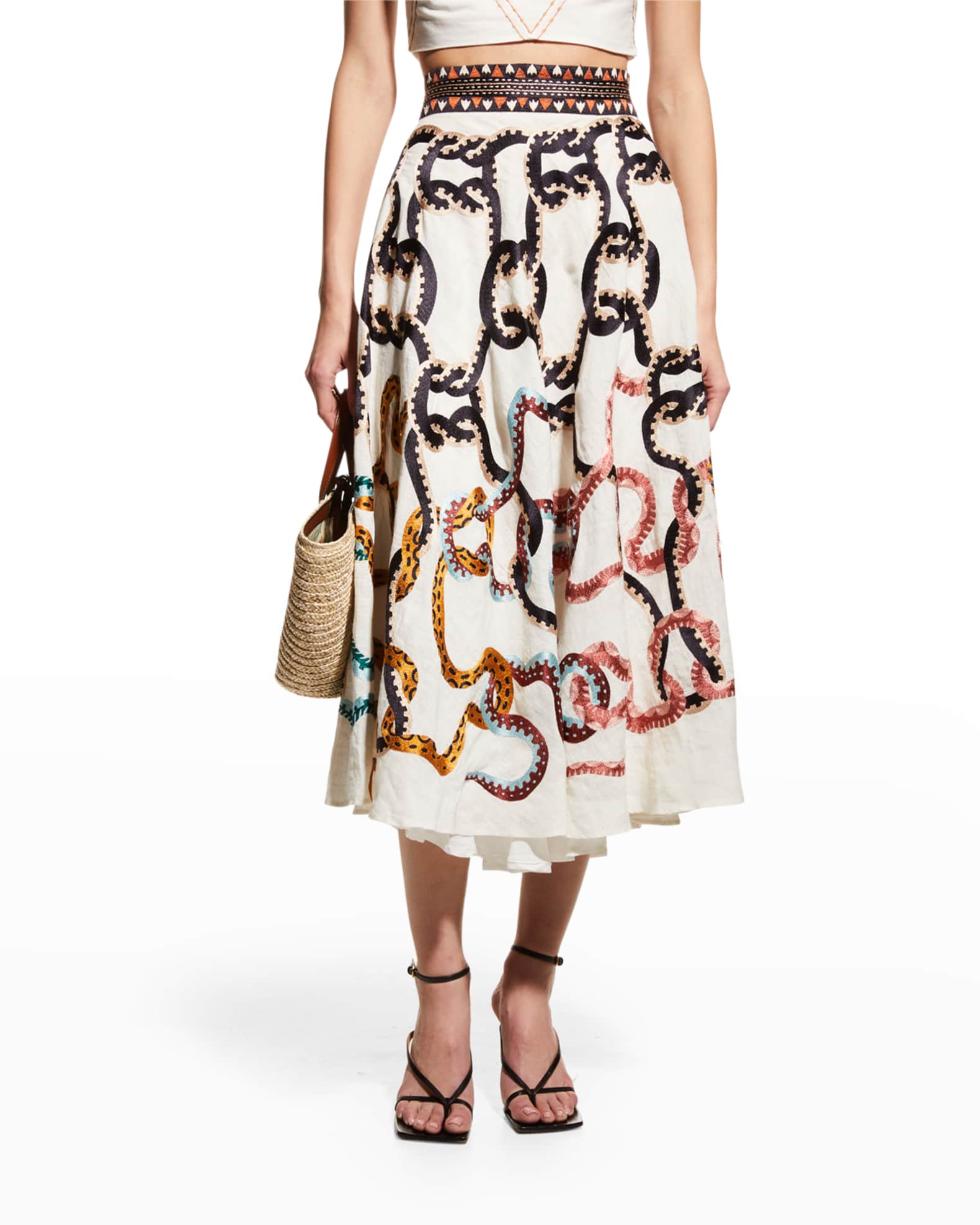 EMPORIO SIRENUSE Livia Snake Embroidered Linen Midi Skirt | Neiman Marcus