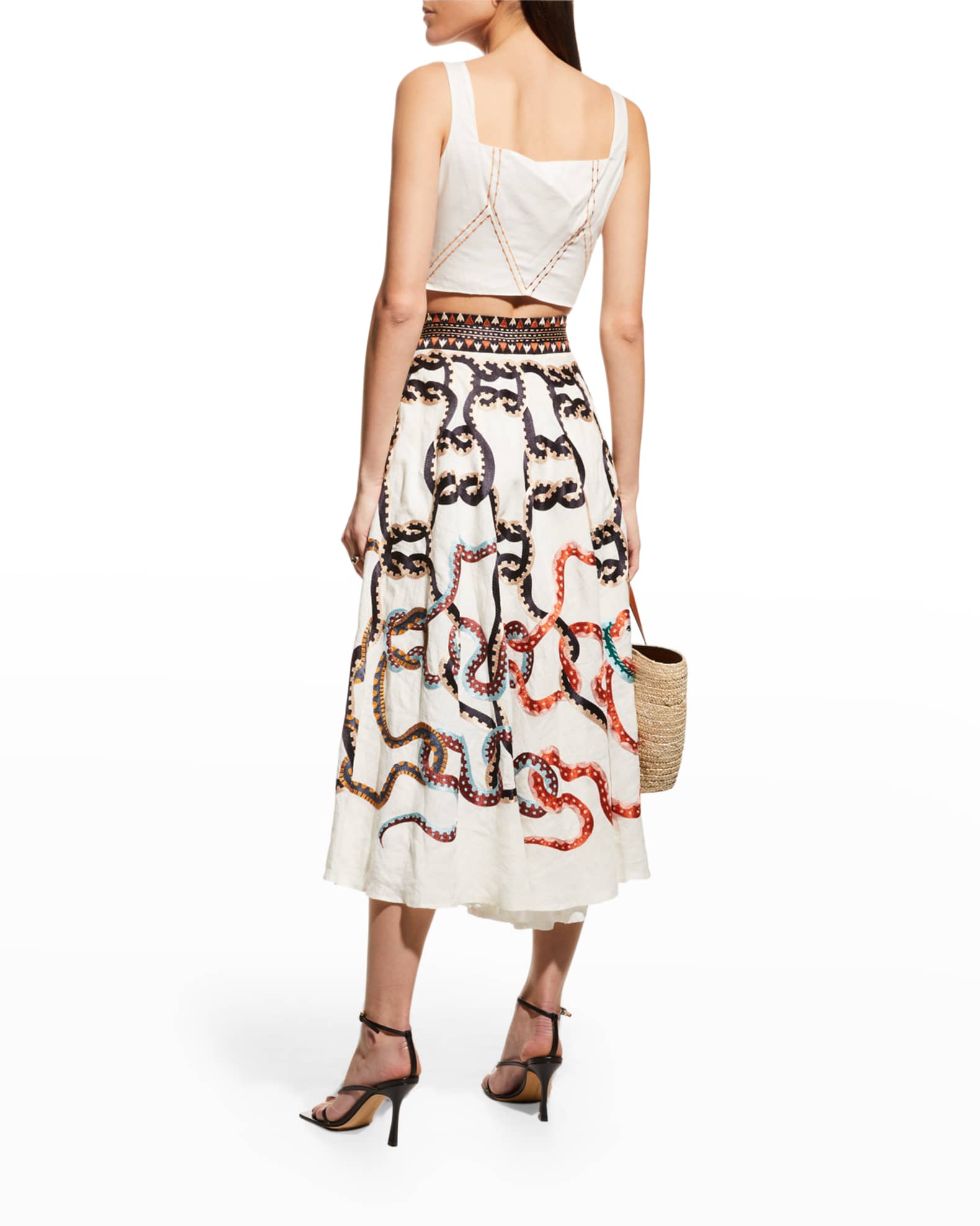 EMPORIO SIRENUSE Livia Snake Embroidered Linen Midi Skirt | Neiman Marcus