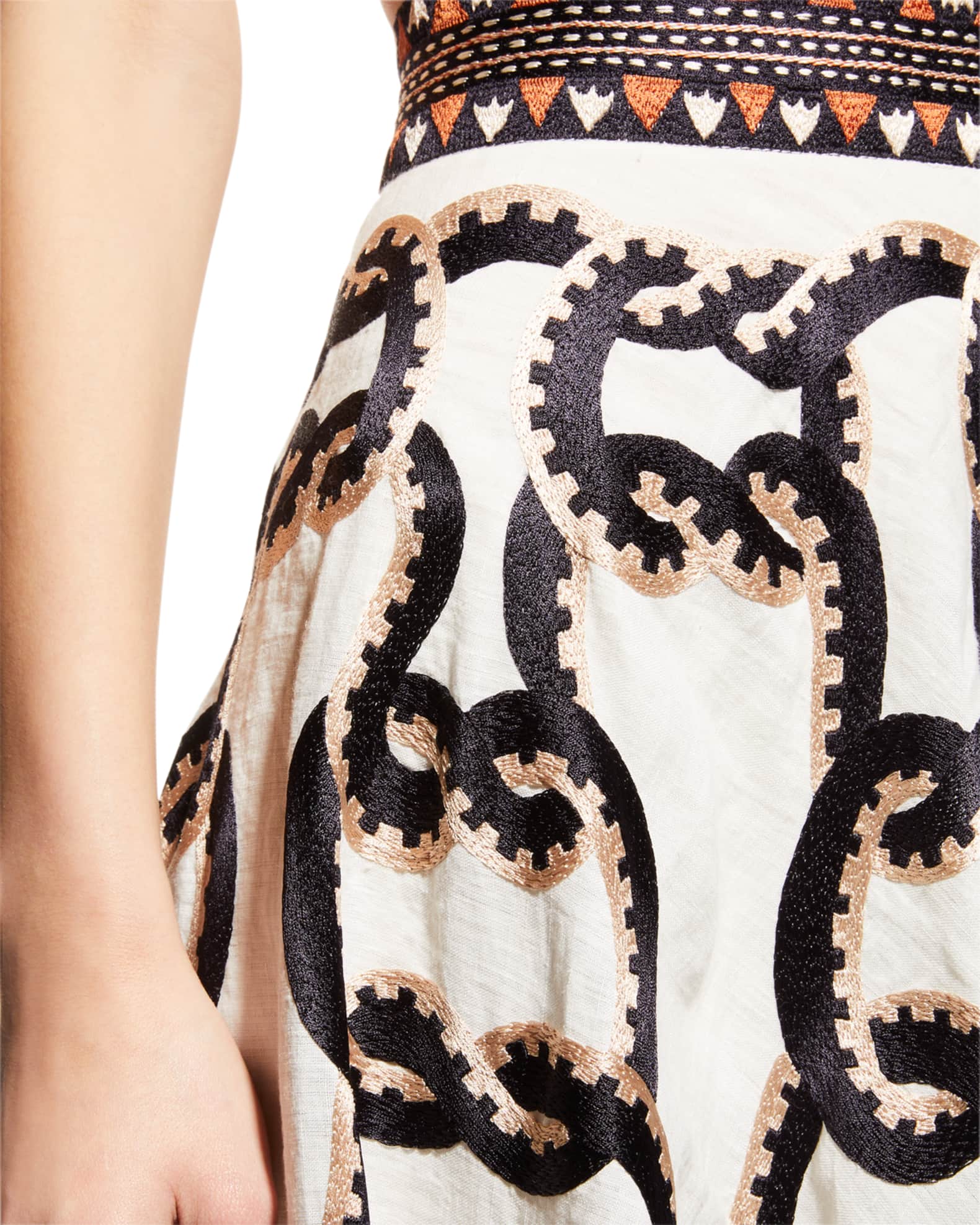 EMPORIO SIRENUSE Livia Snake Embroidered Linen Midi Skirt | Neiman Marcus