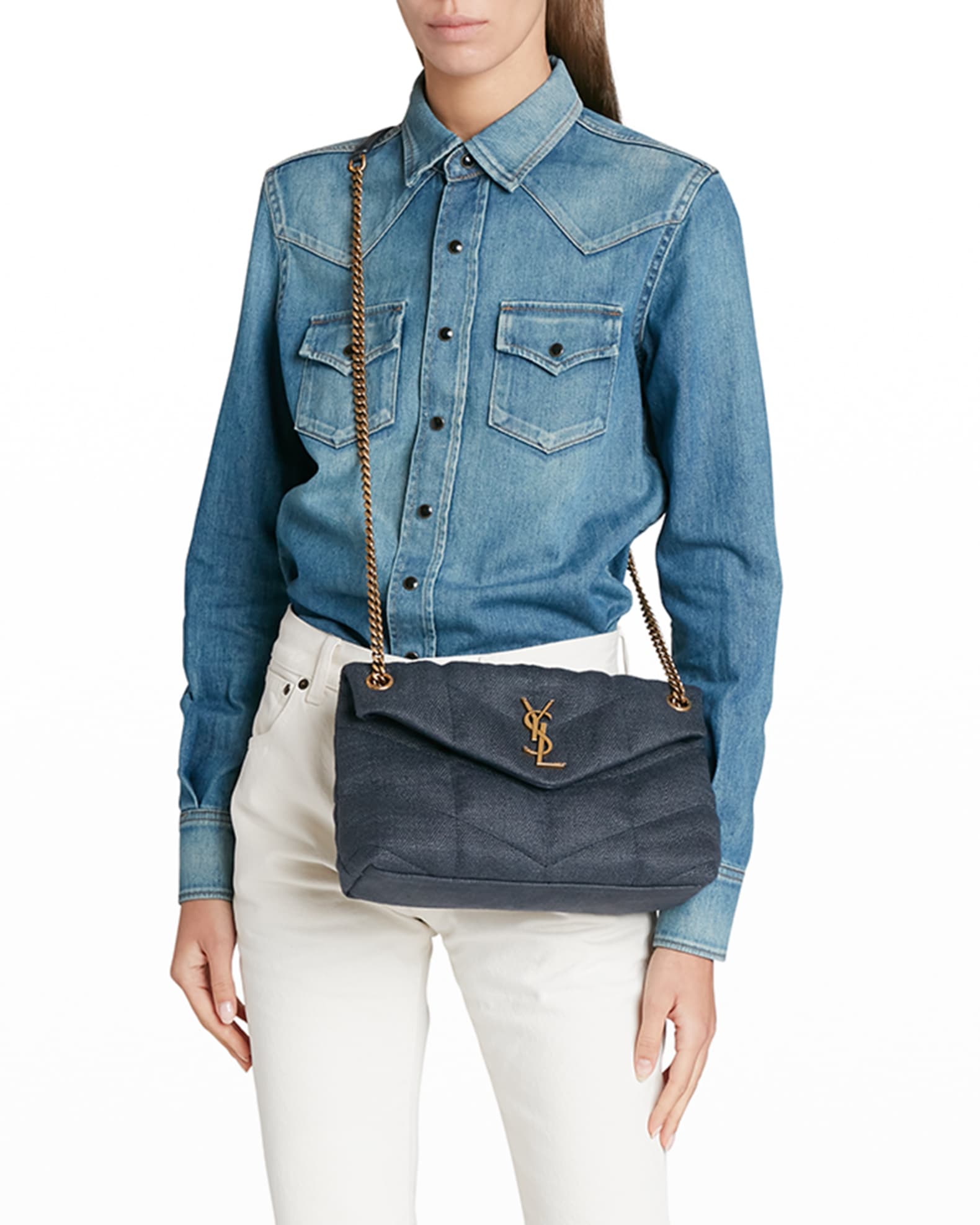 Saint Laurent Puffer Small YSL Quilt Canvas Shoulder Bag | Neiman Marcus