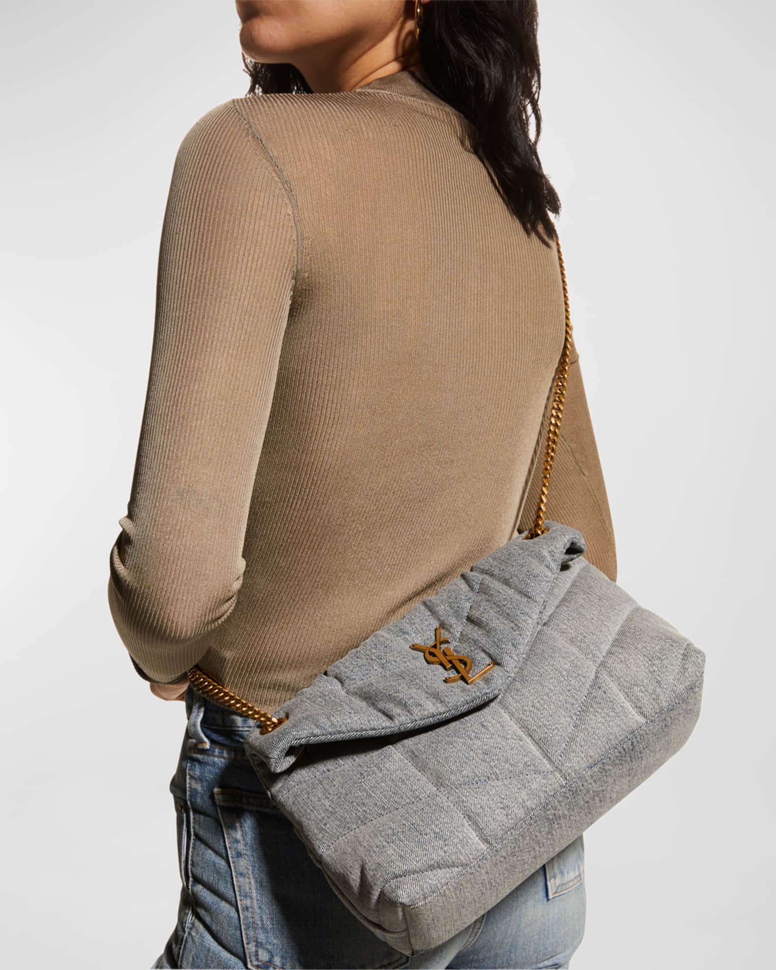 Saint Laurent Small YSL Puffer Quilt Denim Shoulder Bag | Neiman Marcus