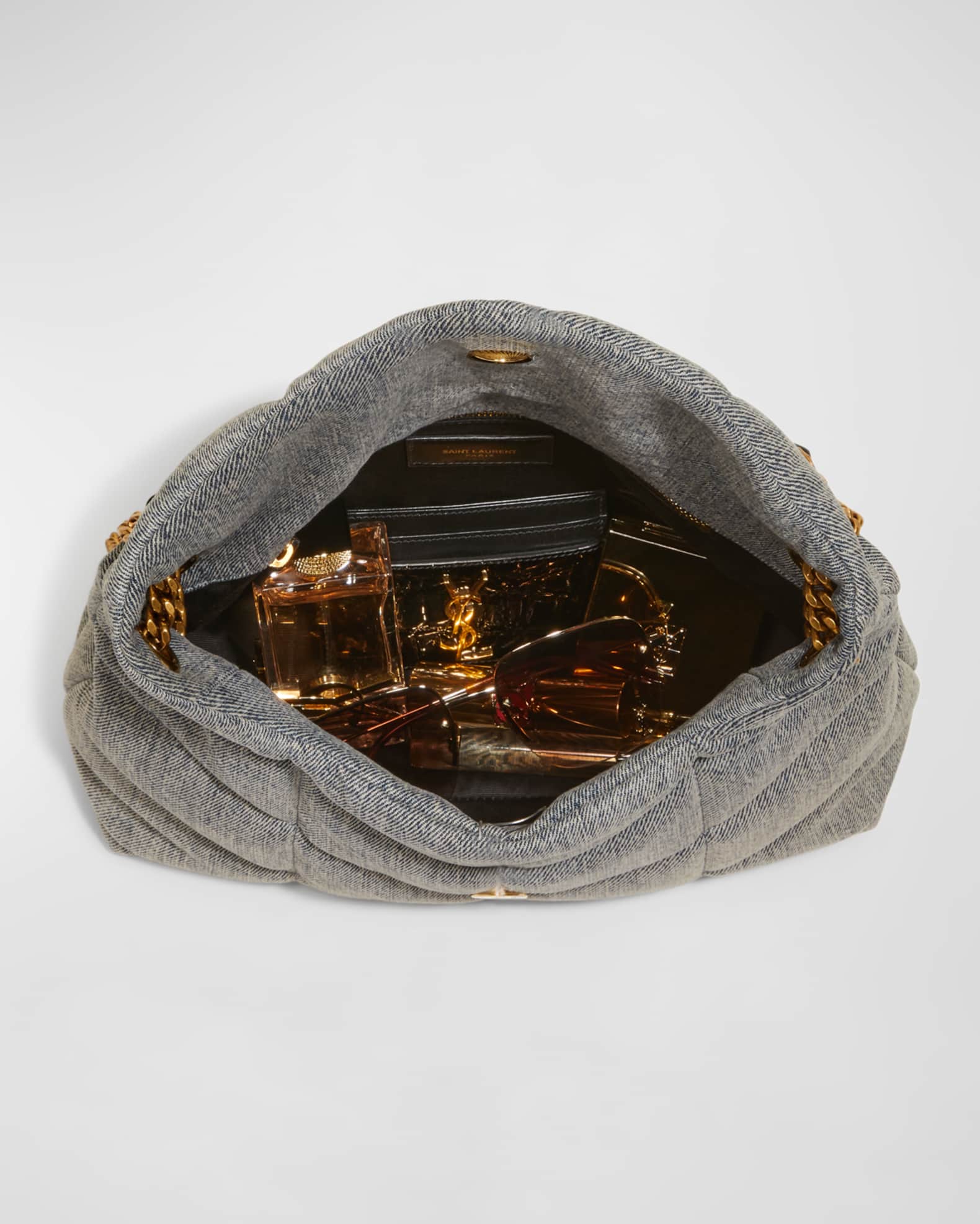 Saint Laurent Small YSL Puffer Quilt Denim Shoulder Bag | Neiman Marcus