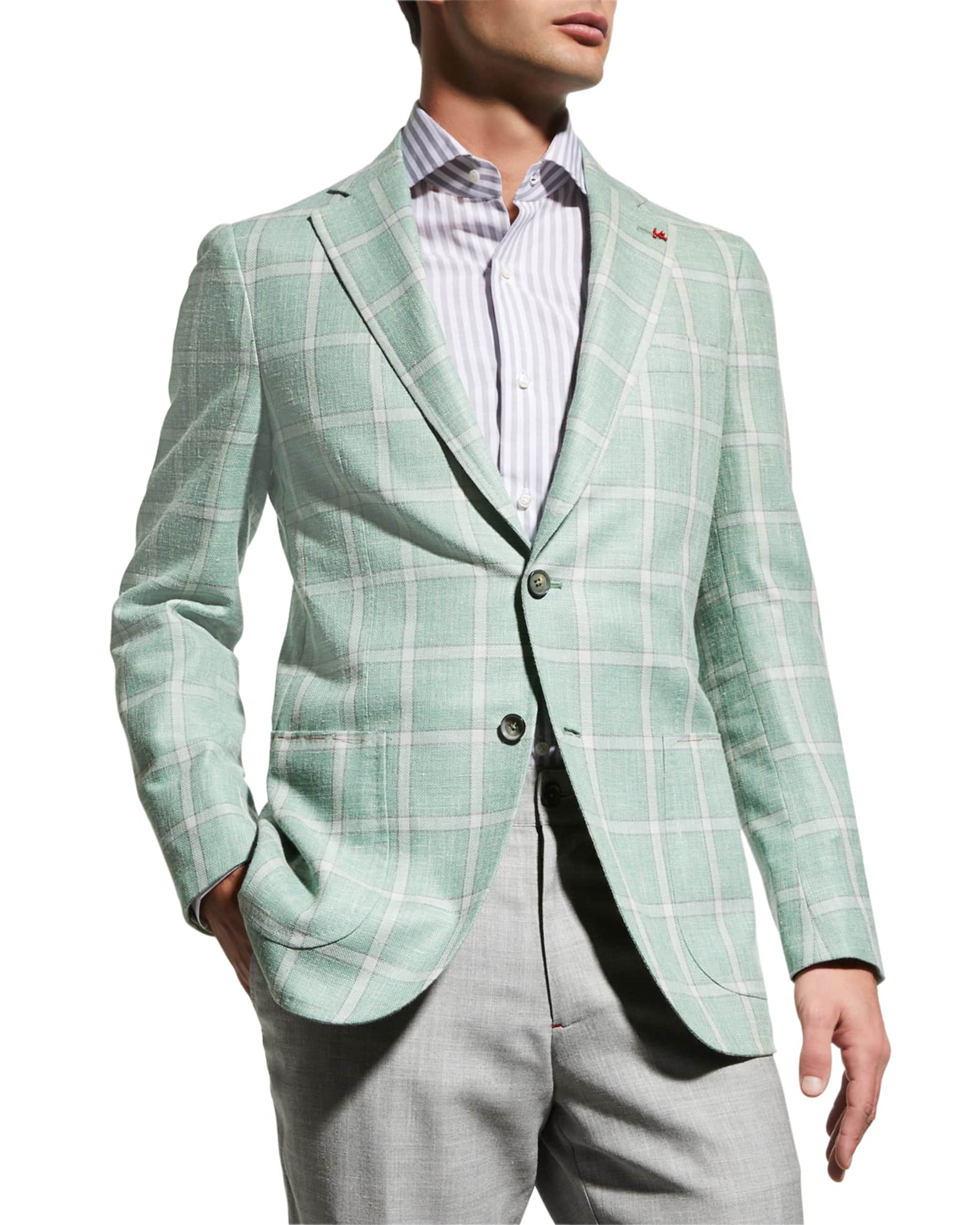 Isaia Men's Windowpane Wool-Blend Sport Jacket | Neiman Marcus