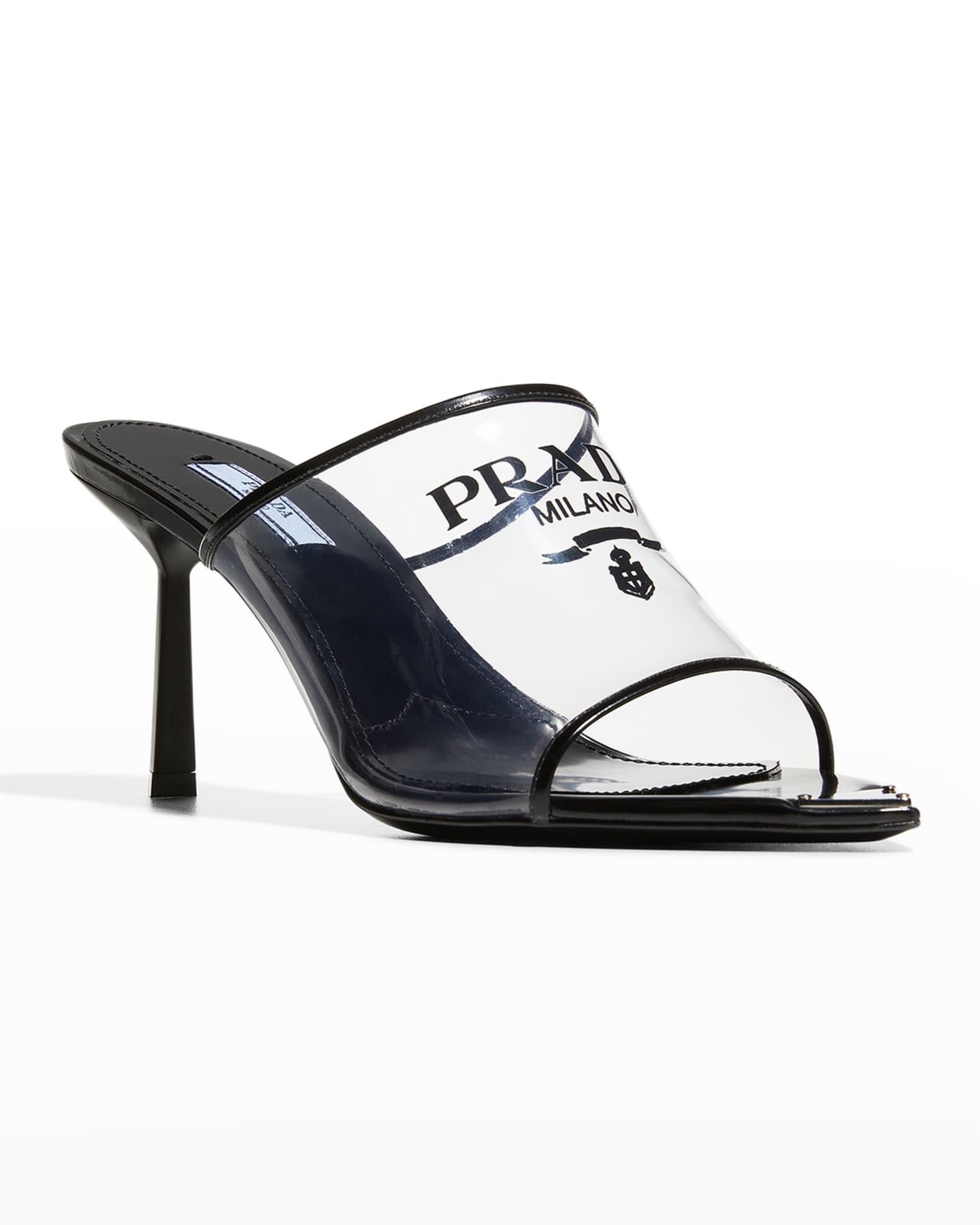 Prada 75mm Plex Logo Extended Sole Mules | Neiman Marcus